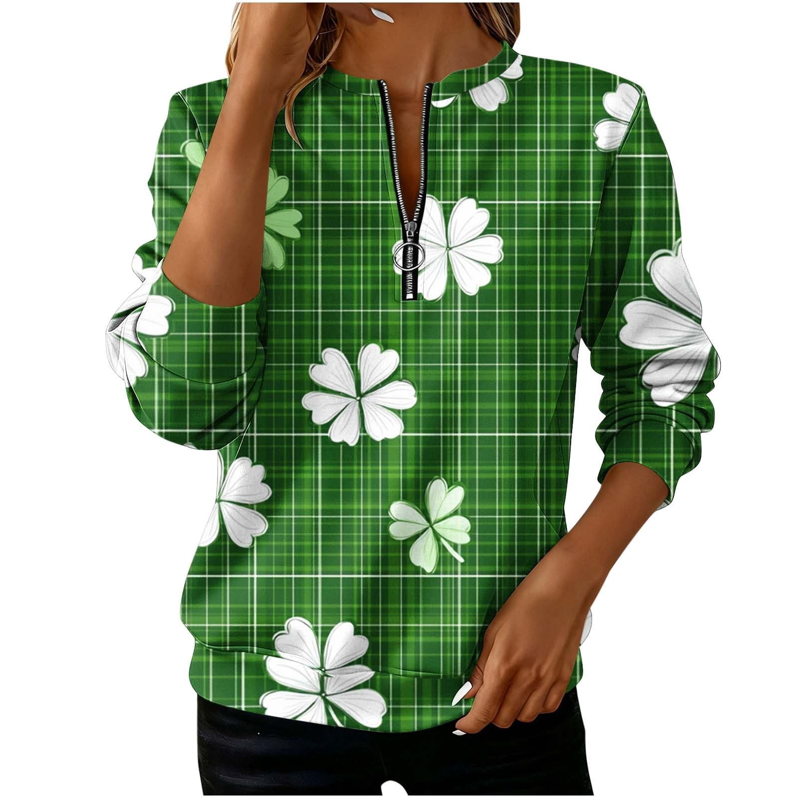 Craaazy Women's Green Spirit Shamrock Zipper Crewneck Long Sleeve St ...