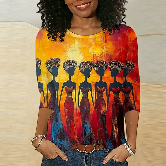 Craaazy Women's Leisure Prints Round Neck Loose 3/4 Sleeve T-shirts ...