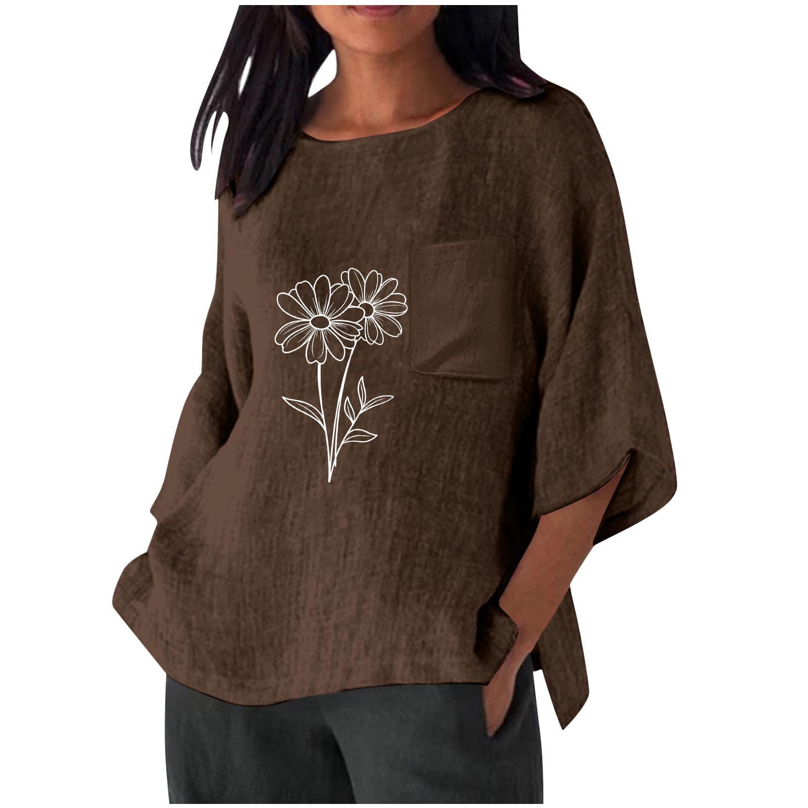 Craaazy Women's Loose-Fit 3/4 Sleeve Pocket T-shirt Round Neck ...