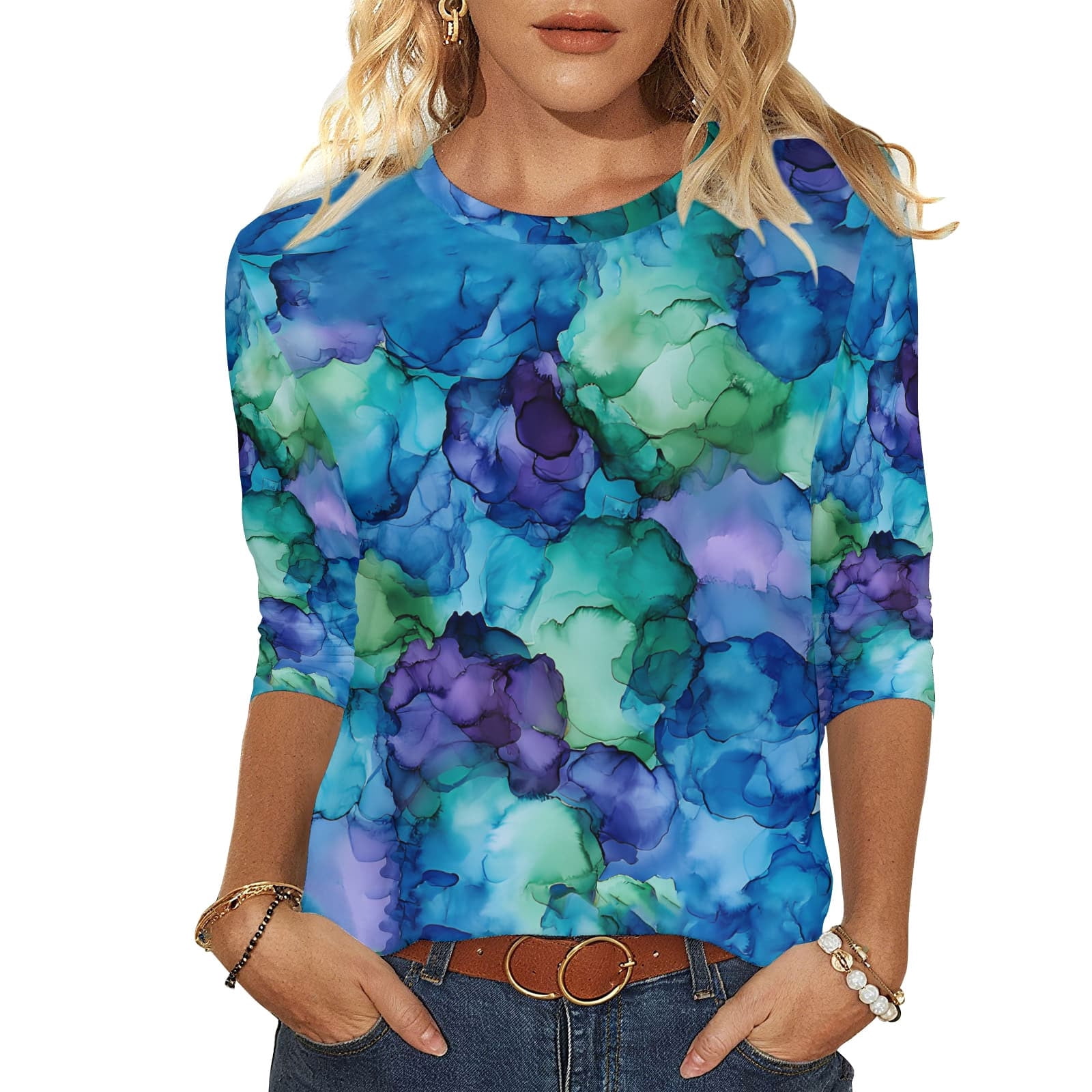 Craaazy Women's Loose Fit Colorful Printing 3/4 Sleeve Pretty Round ...