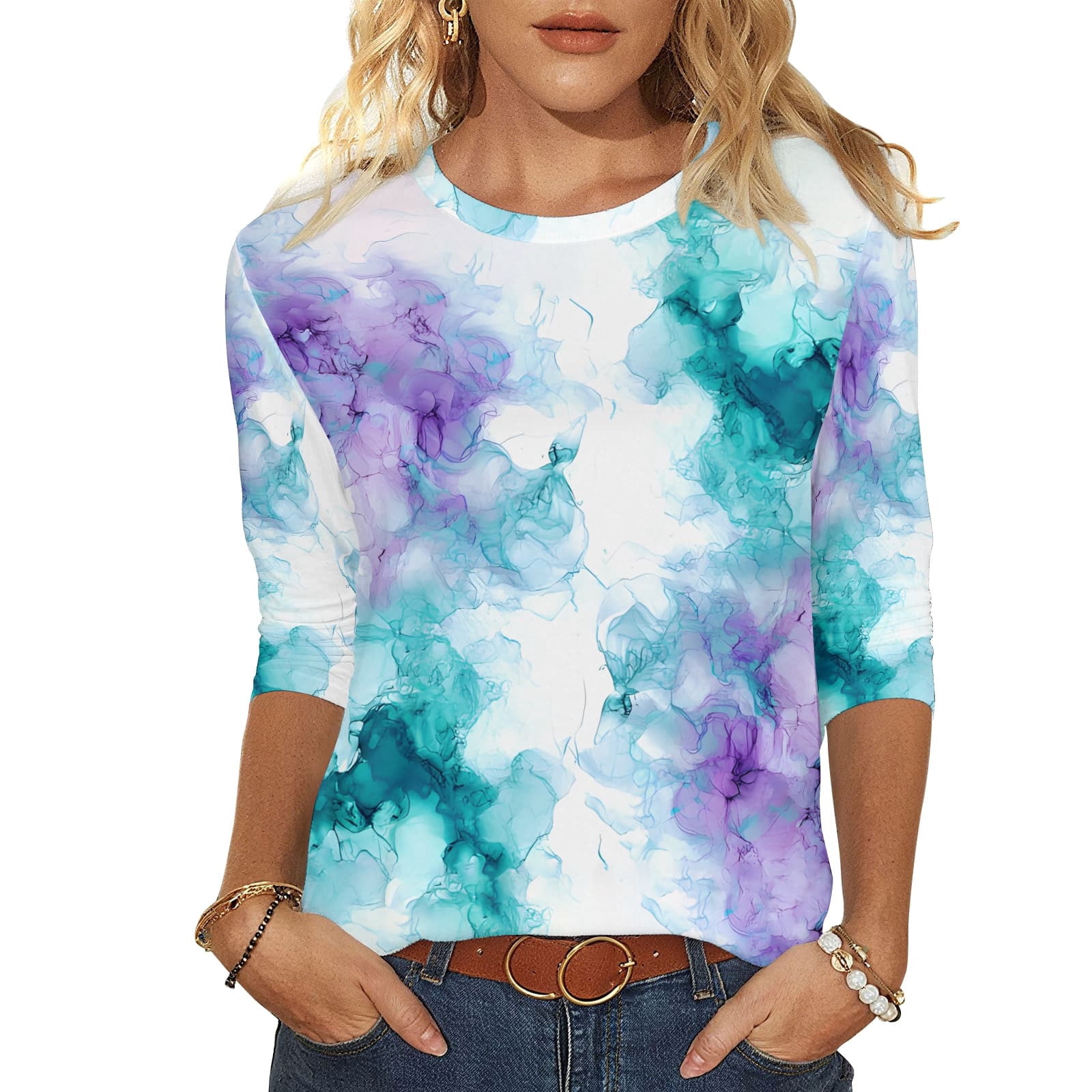 Craaazy Women's Loose Fit Colorful Printing 3/4 Sleeve Pretty Round ...