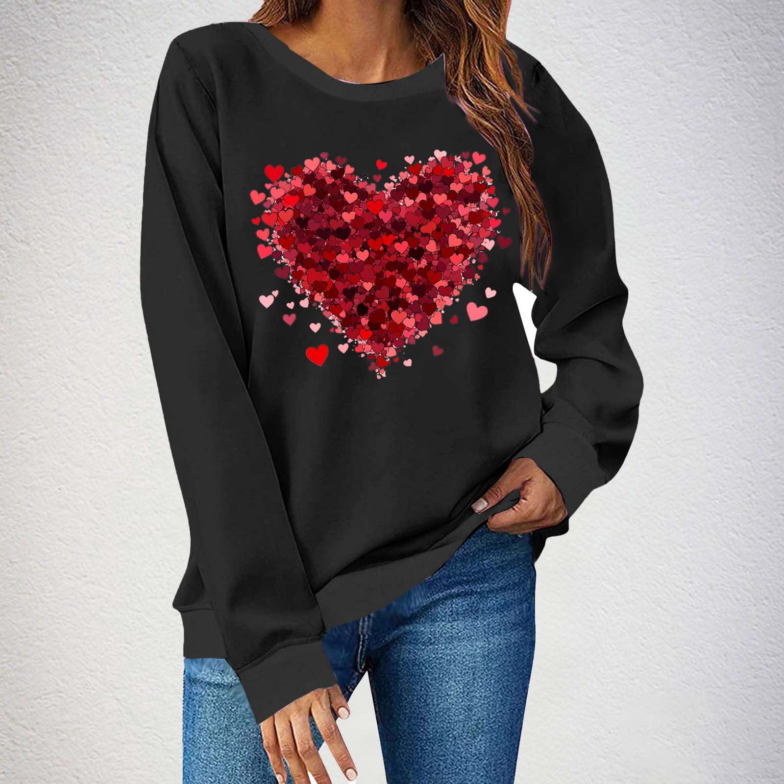 Craaazy Women's Love Heart Printed Valentines Clothes Loose Crewneck ...