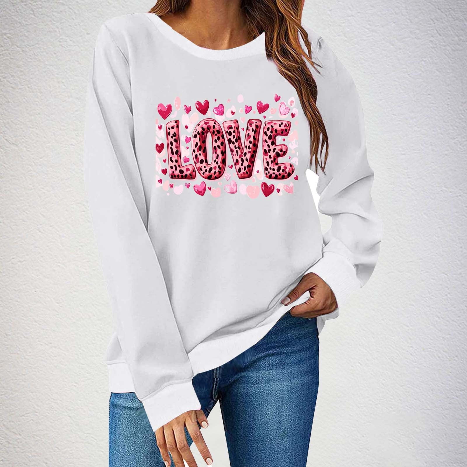 Craaazy Women's Love Heart Printed Valentines Clothes Loose Crewneck ...