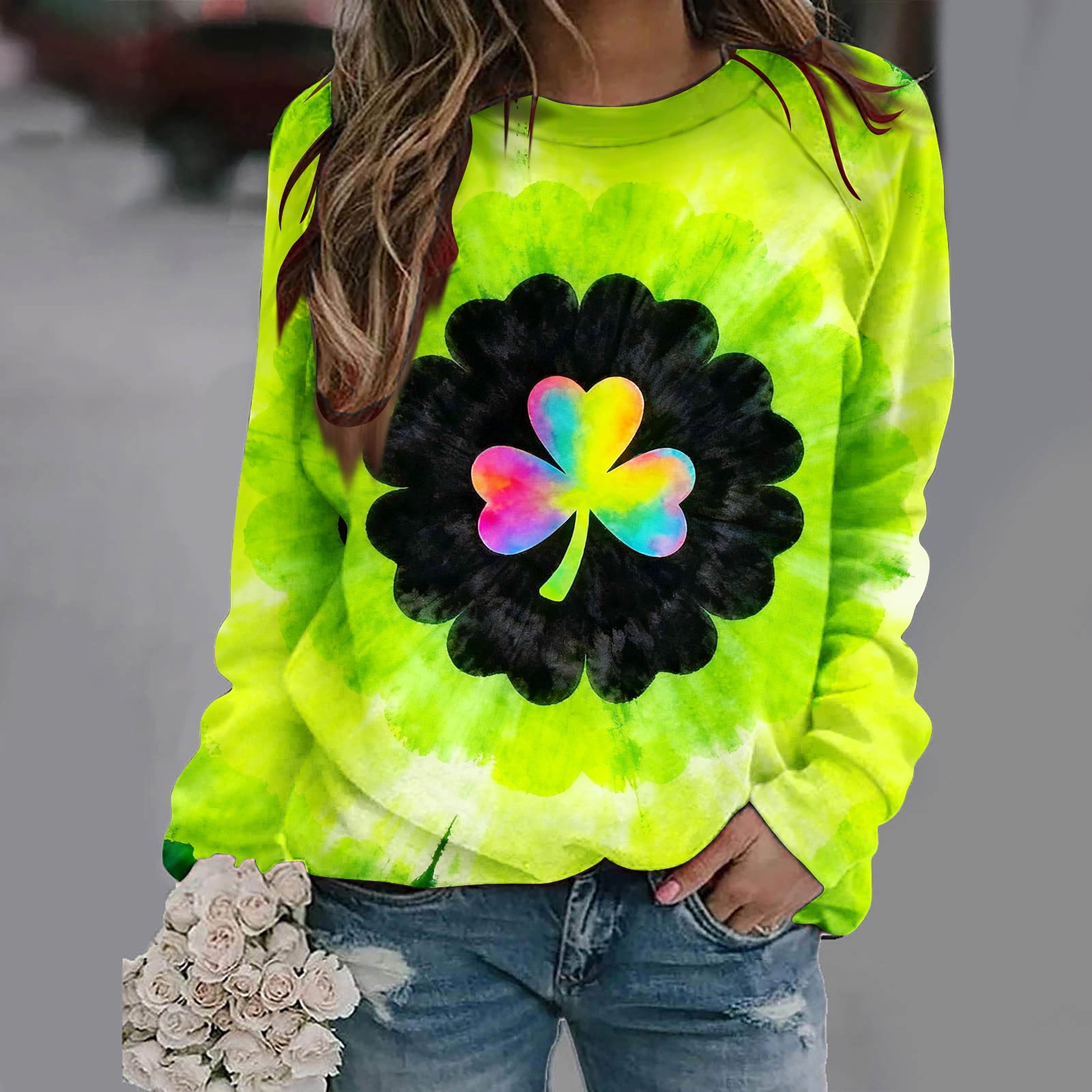 Craaazy Women's Lucky Clover Prints Crewneck St Patricks Day Long ...