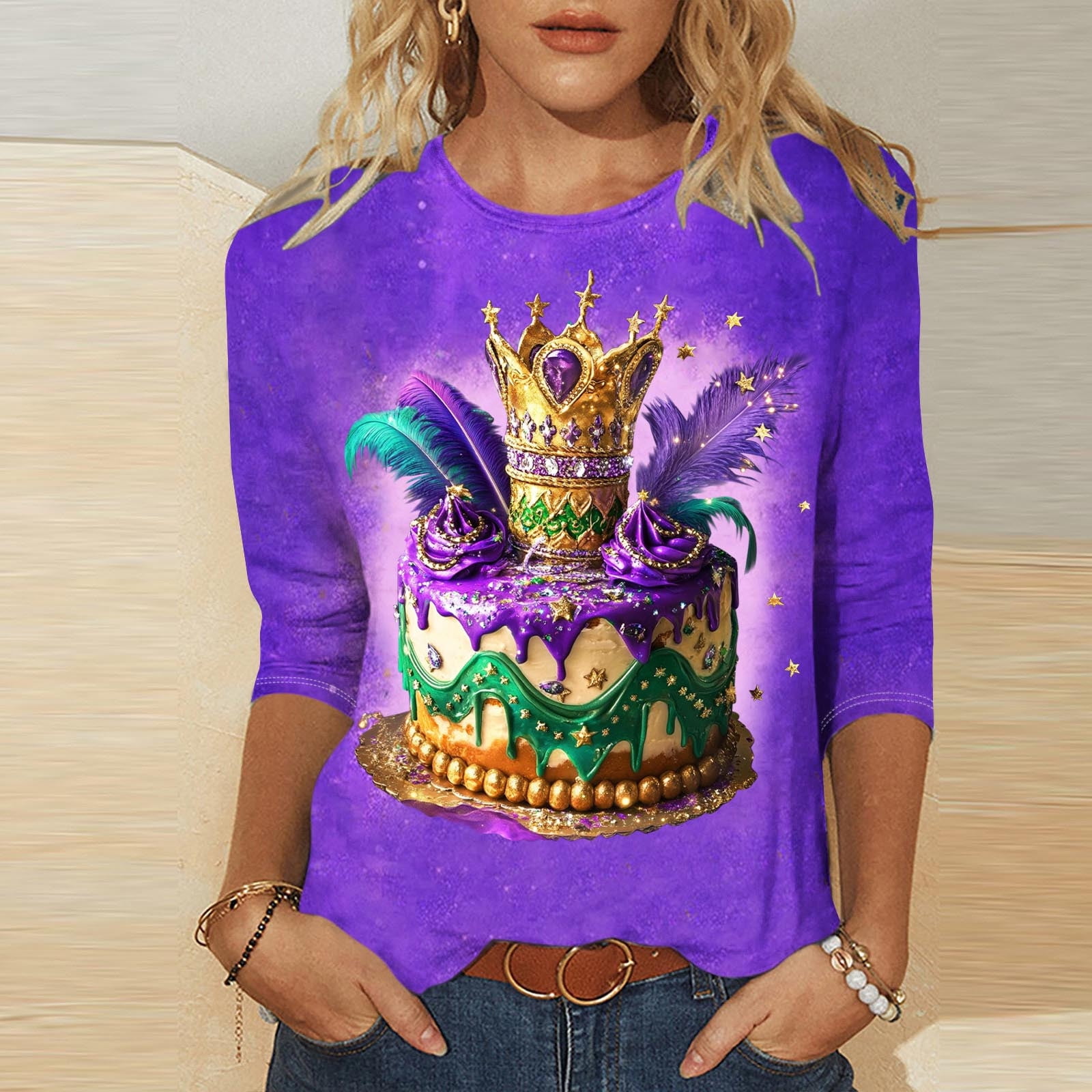 Craaazy Women's Mardi Gras Mask Prints 3/4 Sleeve Loose Crew Neck ...