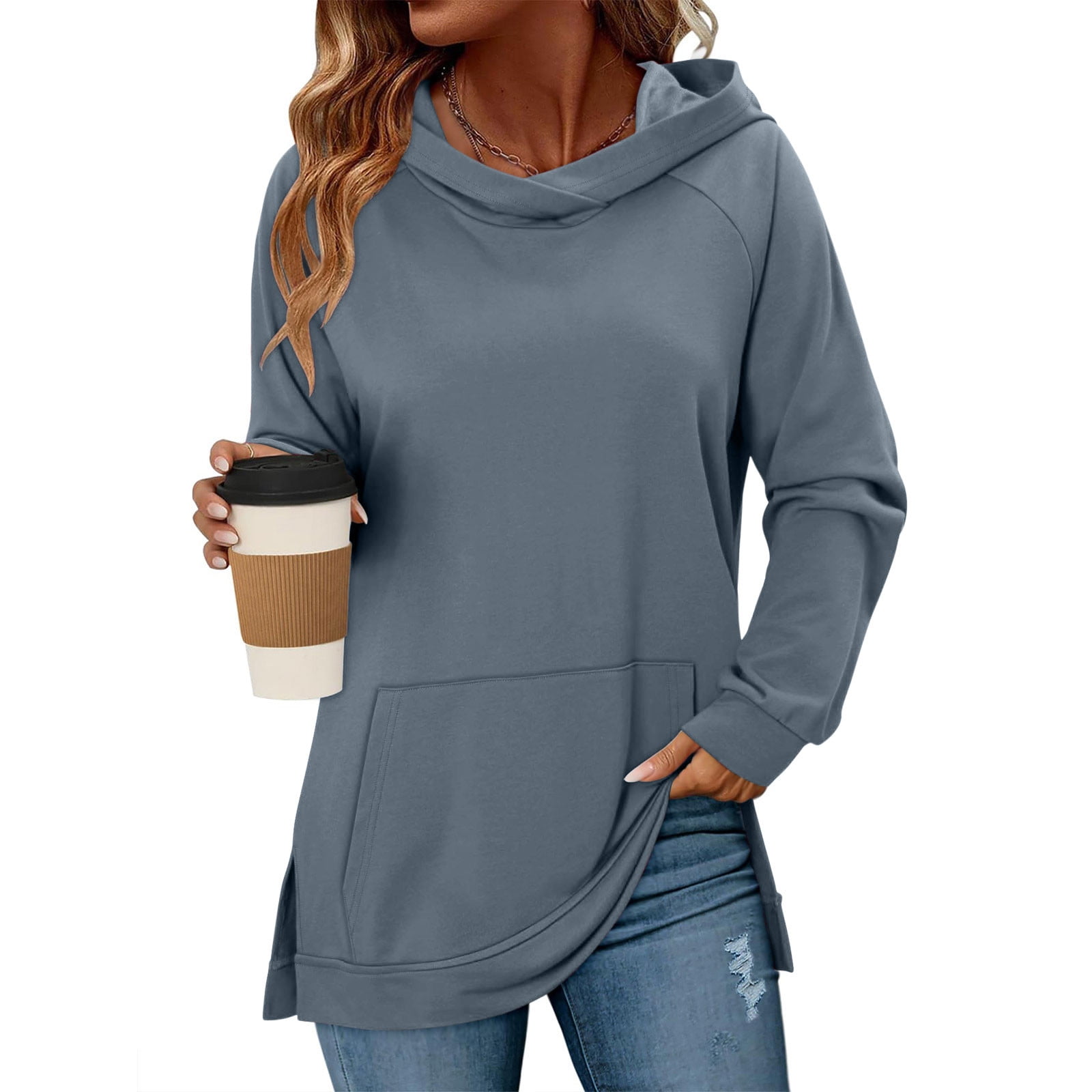 Craaazy Women's Oversized Side Split Hem Long Sleeve Hooded Tops Gifts ...