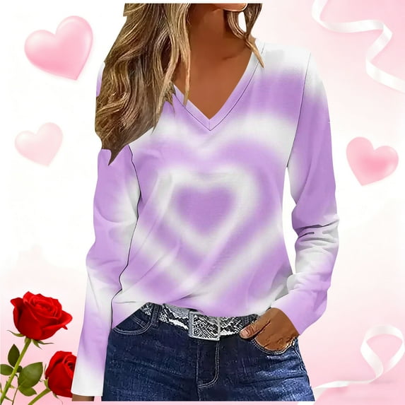 Craaazy Women's Pink Valentines Shirts Casual V-neck Long Sleeve Tops ...