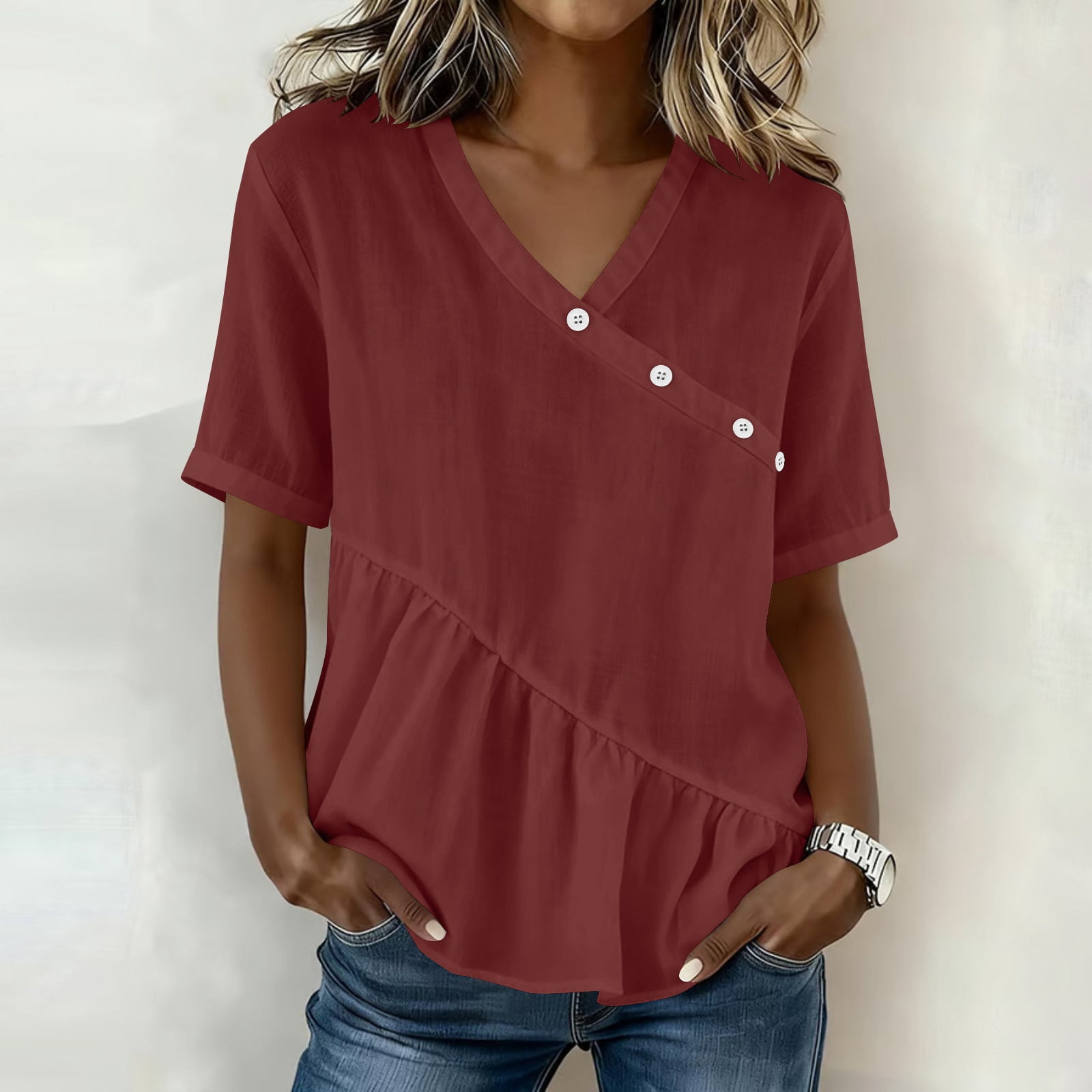 Craaazy Women's Plus Size Versatile Solid Color Cotton Linen V-Neck ...