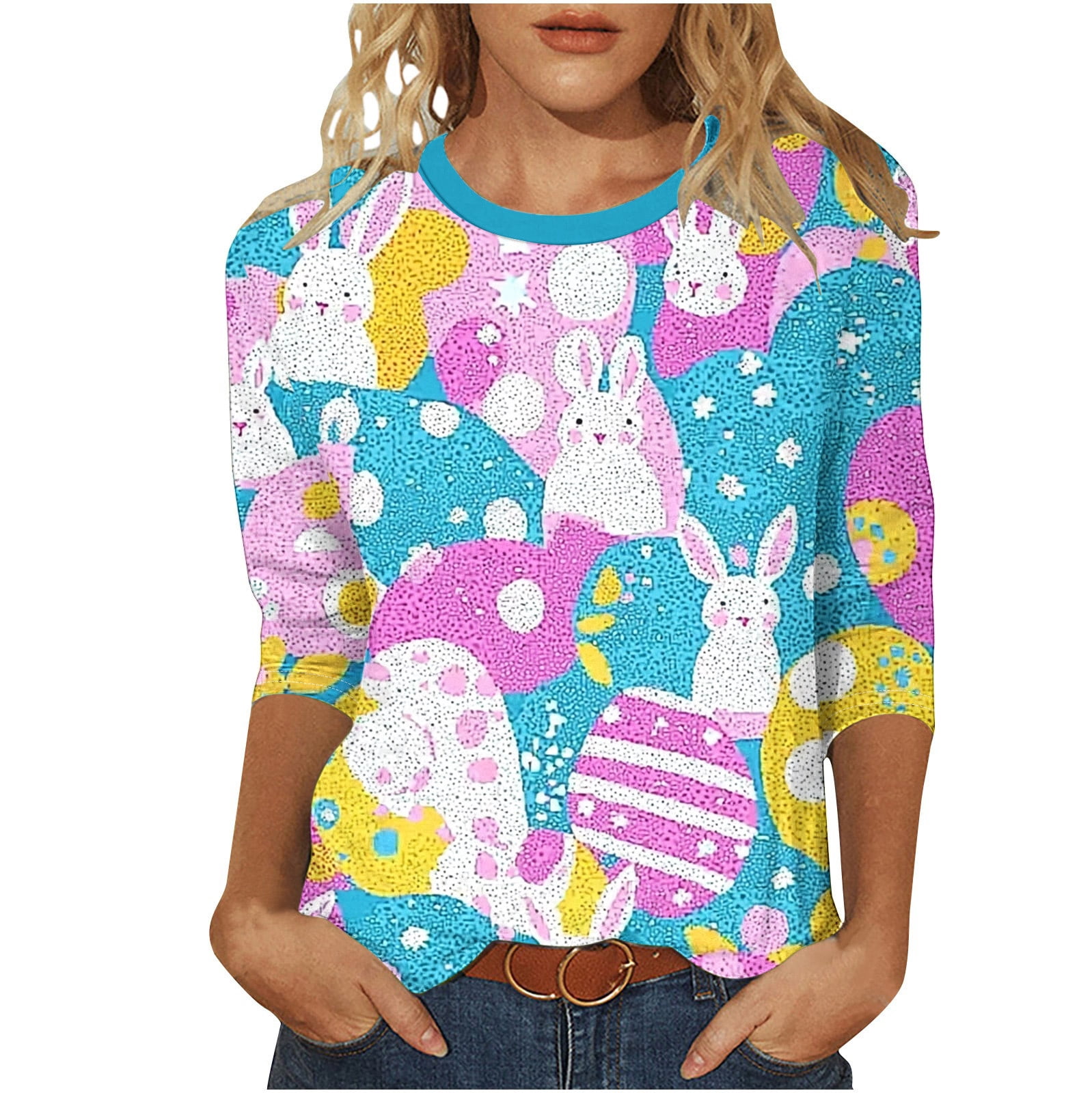 Craaazy Women's Rabbit Graphic Colored Eggs Prints 3/4 Sleeve Happy ...