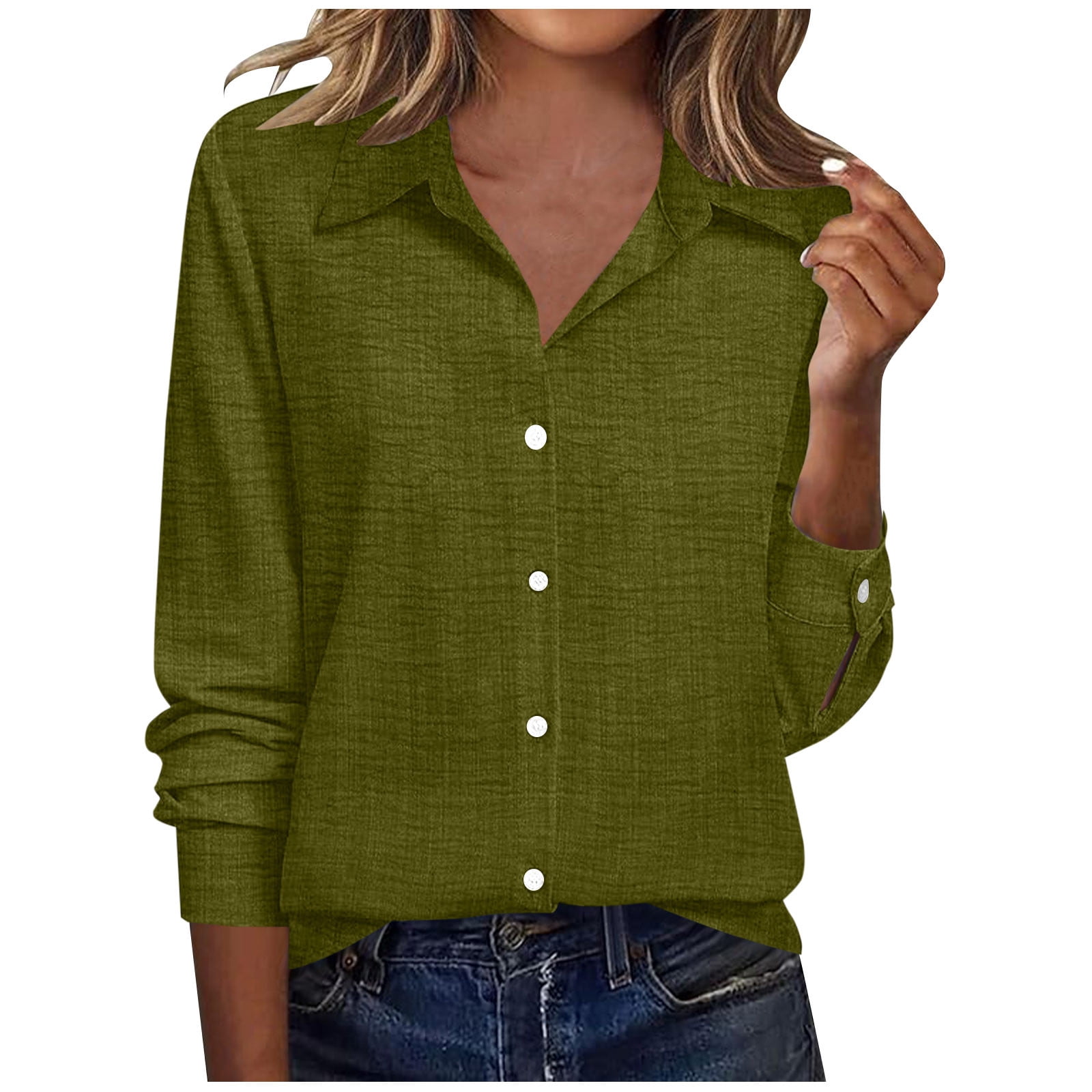 Craaazy Women's Relaxed Fit Solid Color Turn-Down Collar Long Sleeve ...