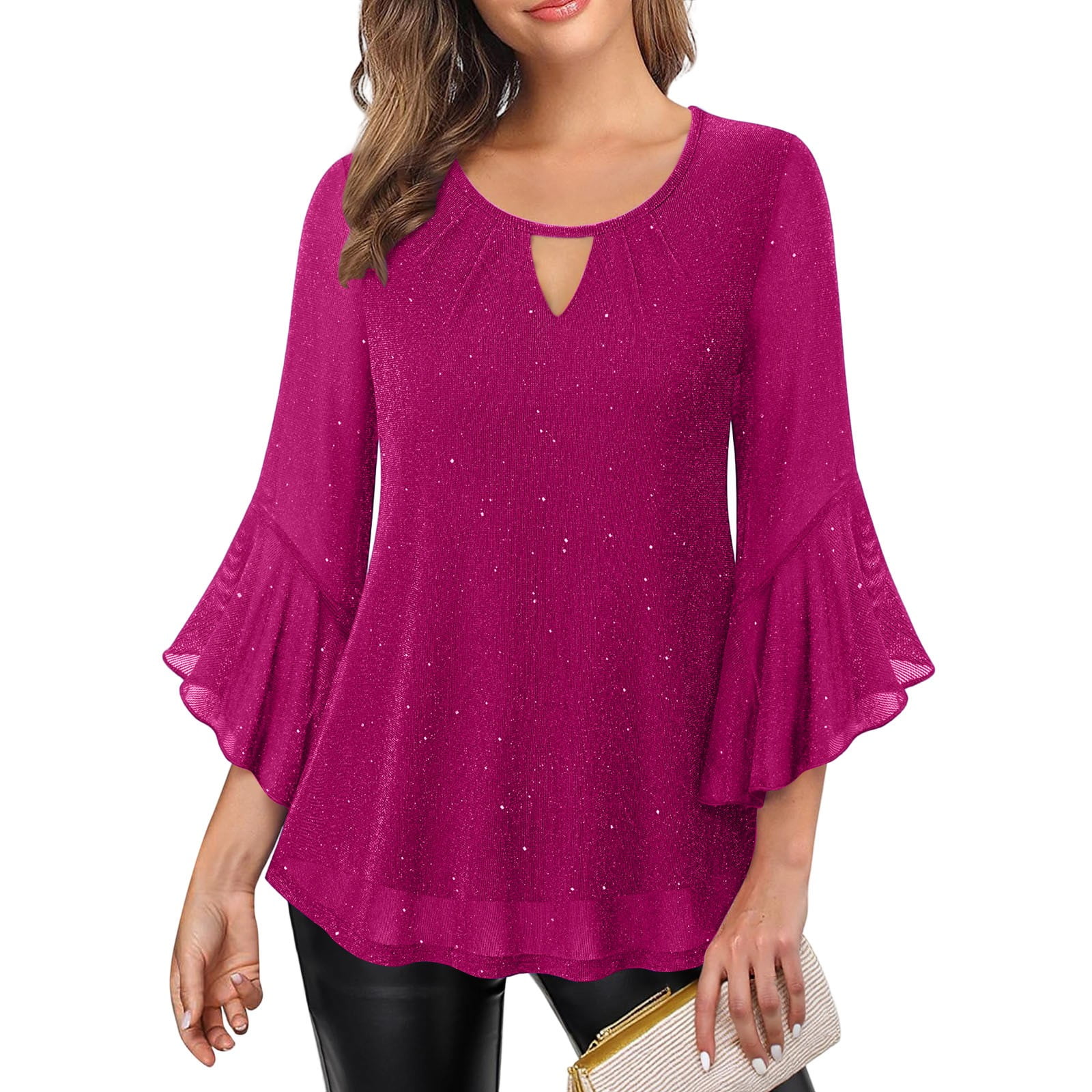 Craaazy Women's Ruffled 3/4 Sleeve Glittering Dressy Glitter Cocktail ...