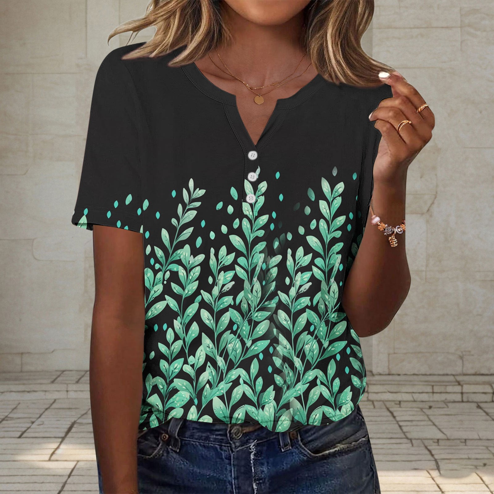 Craaazy Women's Short Sleeve Button V Neck Fashion Prints Pullover Tops ...