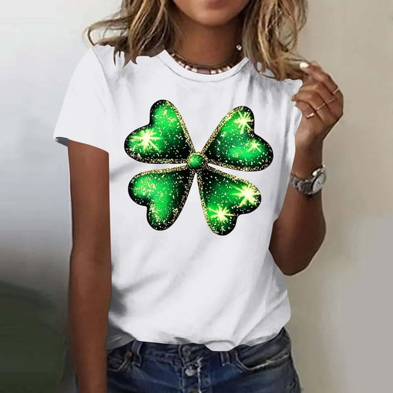 Craaazy Women's Short Sleeve Shirts Bow Shamrock Printed Round Neck ...