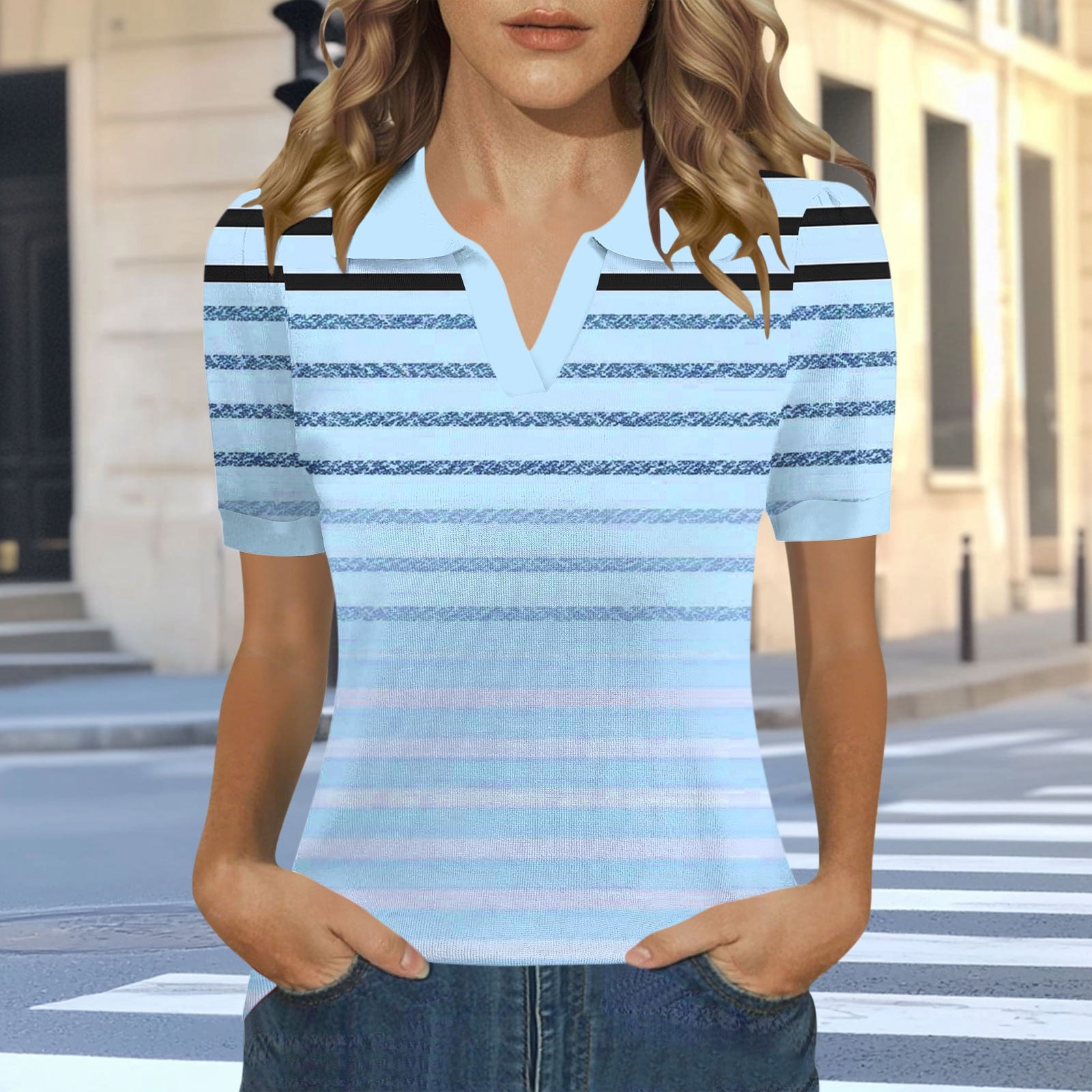 Craaazy Women's Short Sleeve Striped Tops Casual Loose Fit V Neck ...