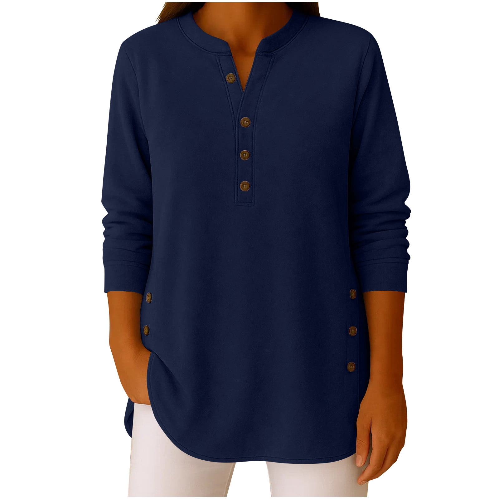 Craaazy Women's Solid Color V-neck Side Split Long Sleeved Casual Loose ...