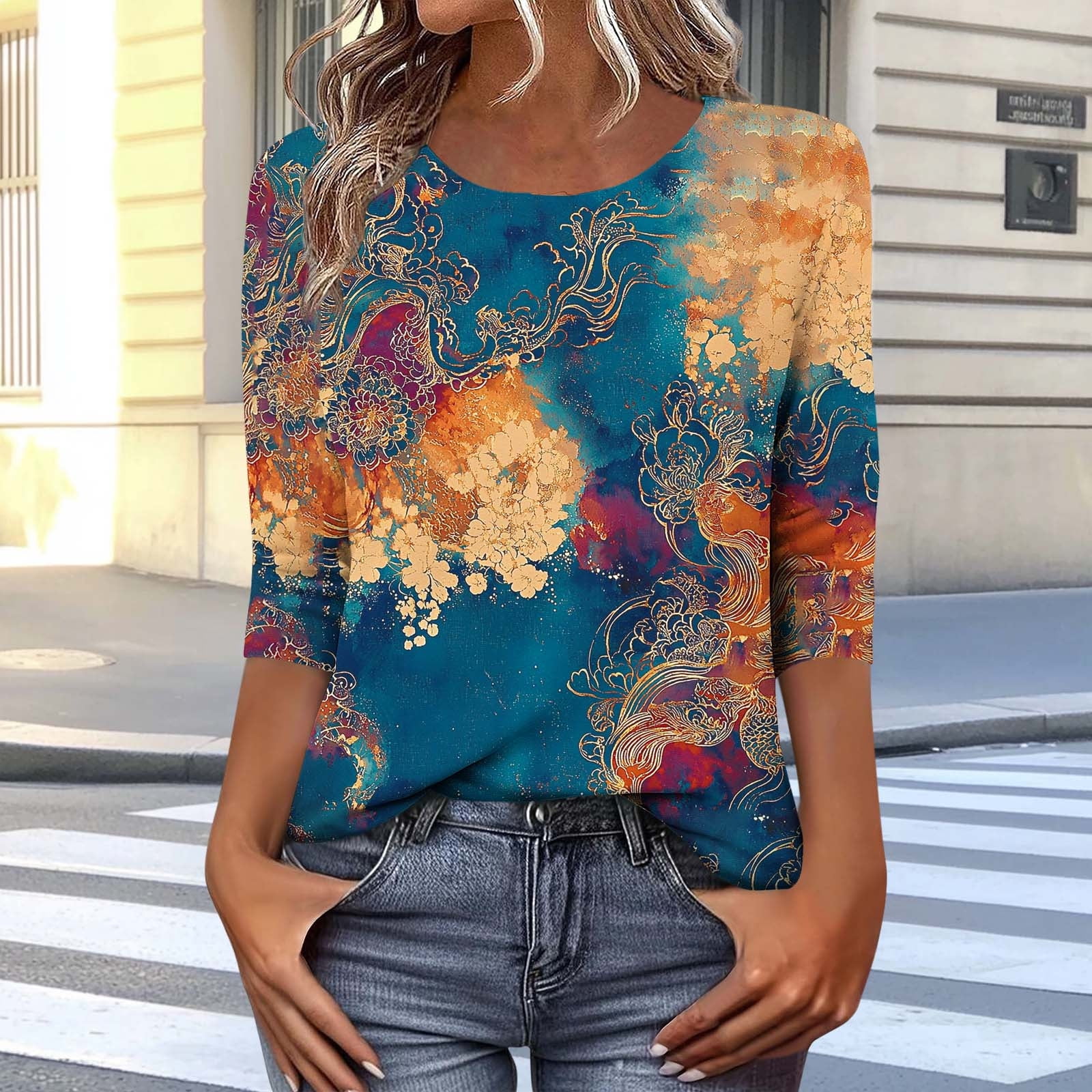 Craaazy Women's Spring/Summer Fashion Prints Loose Casual Crewneck 3/4 ...