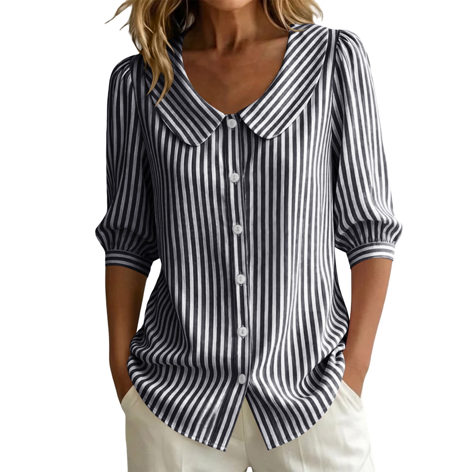 Craaazy Women's Striped Tops 3/4 Sleeve Peter Pan Collar Button Down ...