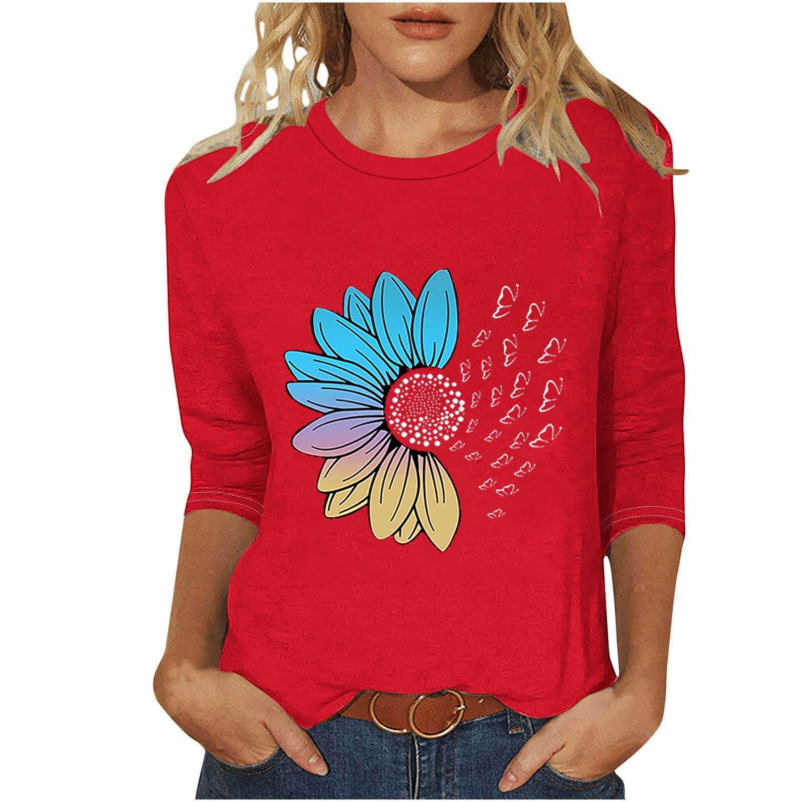 Craaazy Women's Sunflower Printed Loose Casual Round Neck 3/4 Sleeve ...