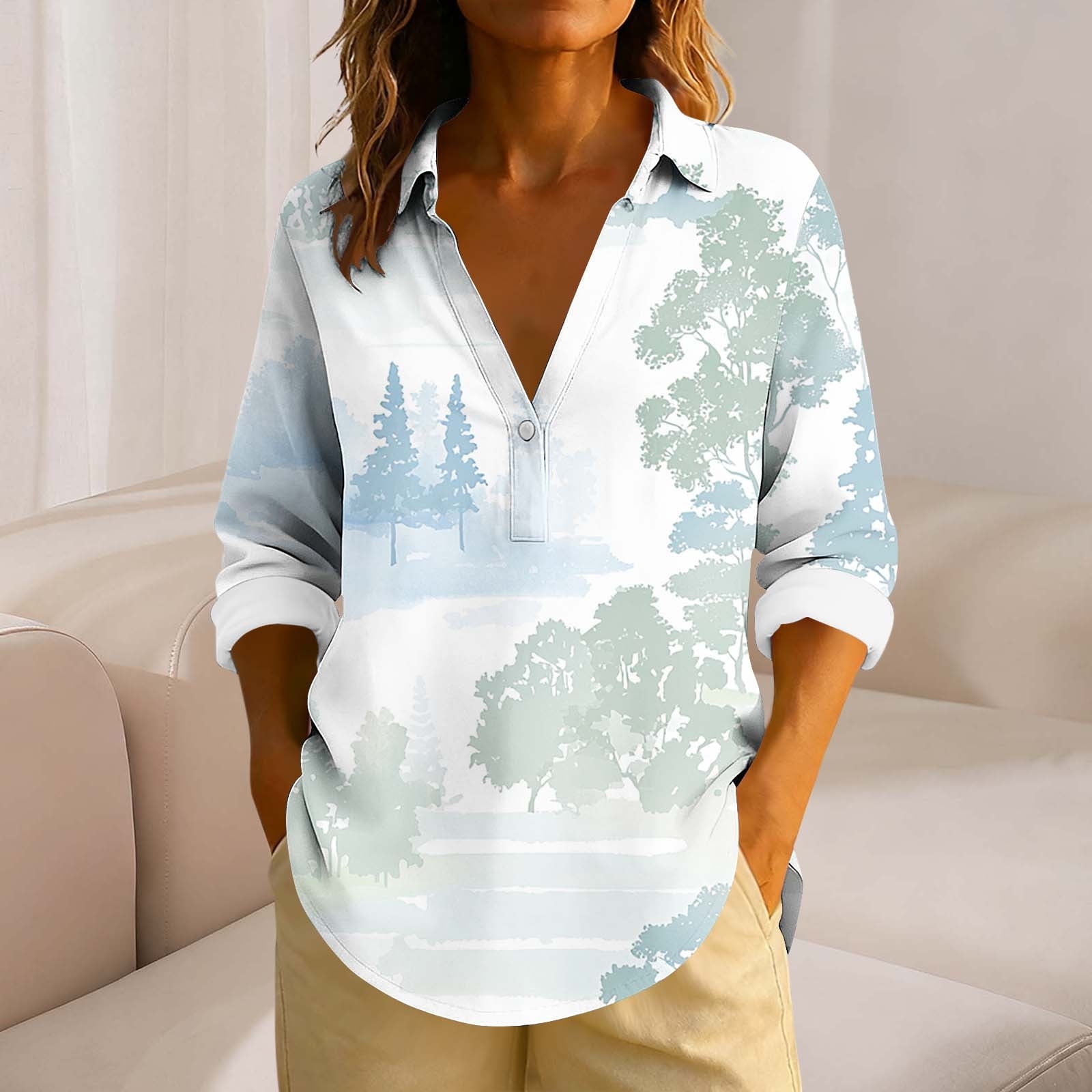 Craaazy Women's V Neck Long Sleeve Tops Loose Prints Spring Button ...