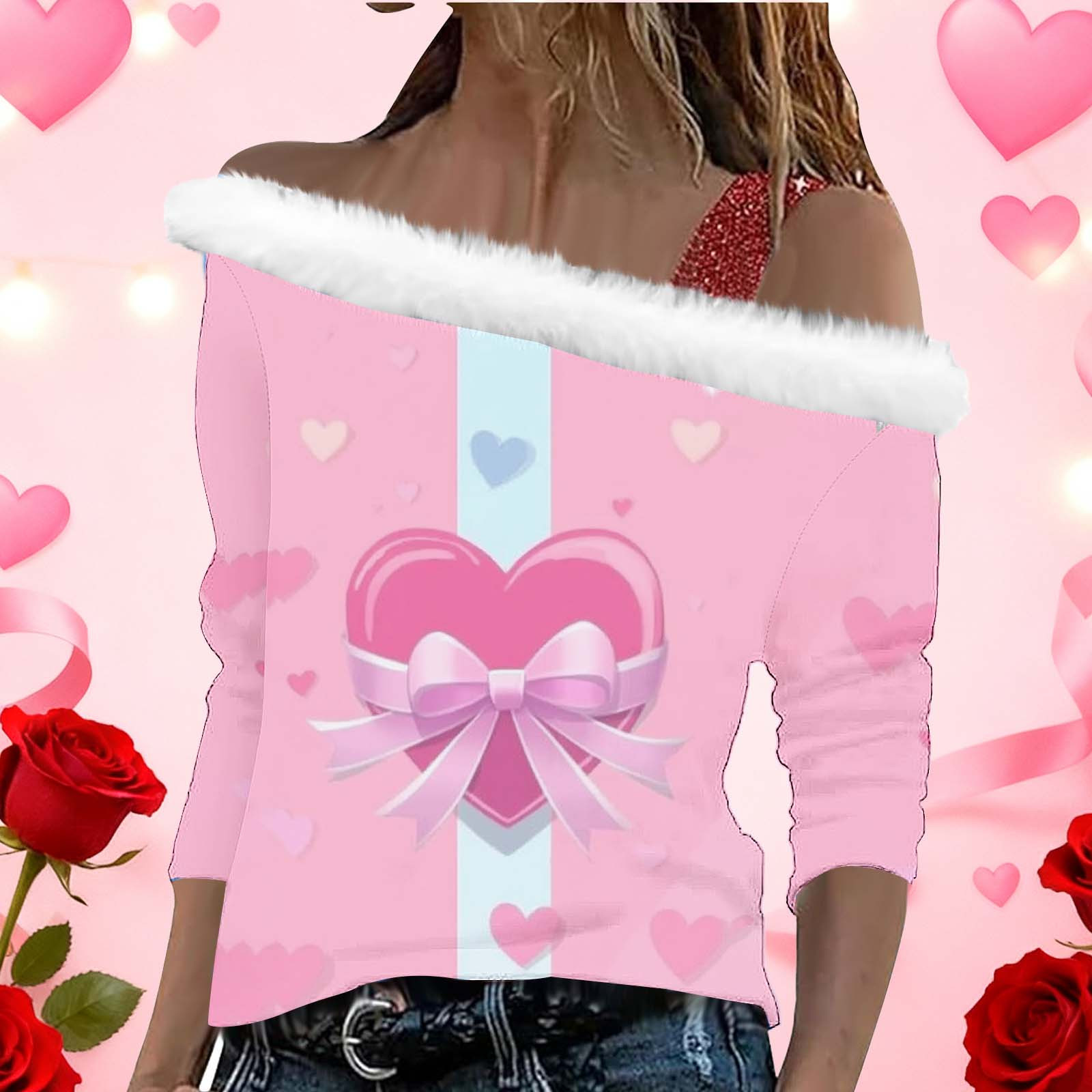 Craaazy Women's Valentine Day Long Sleeve Shirts Loose Off the Shoulder ...