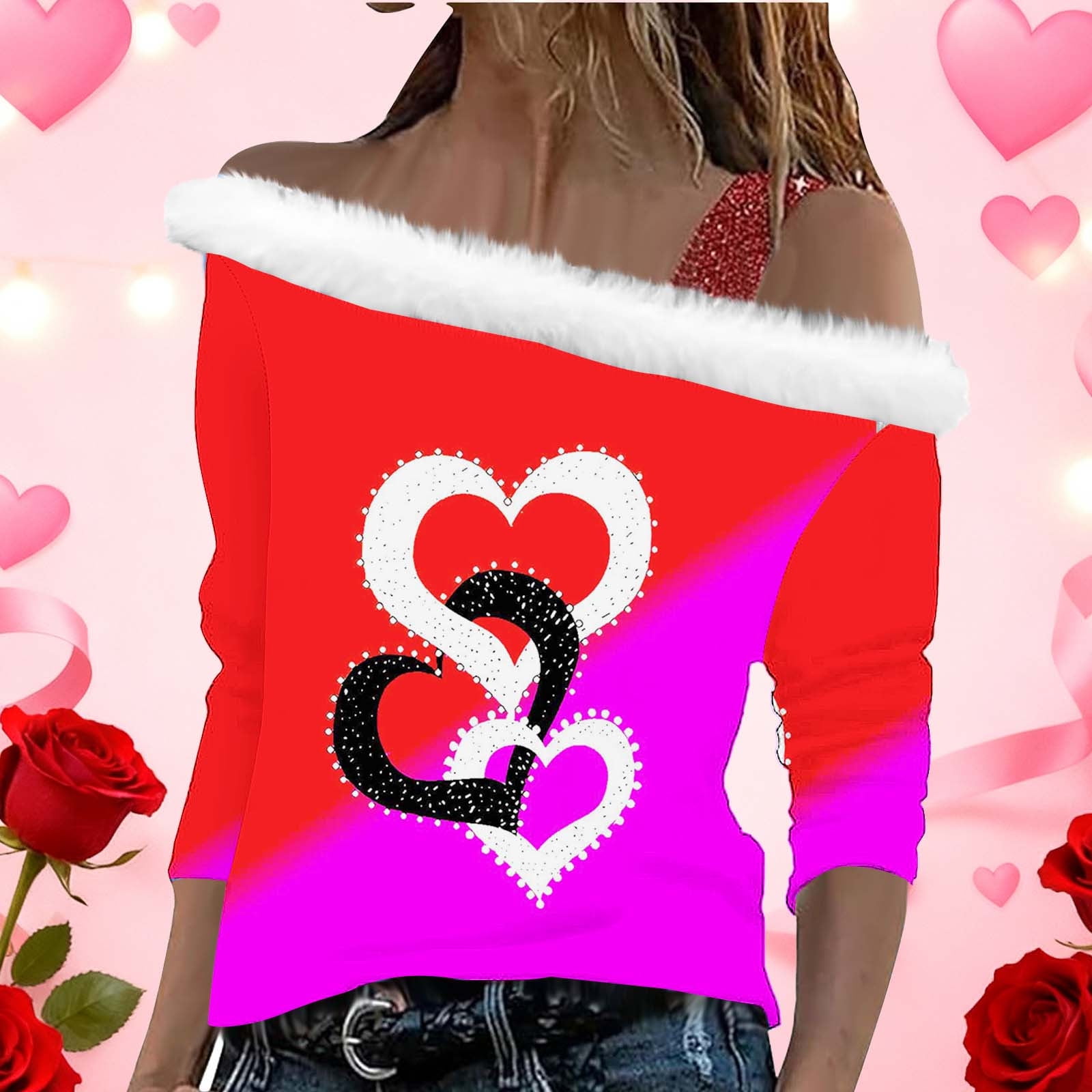 Craaazy Women's Valentine Day Long Sleeve Shirts Loose Off the Shoulder ...