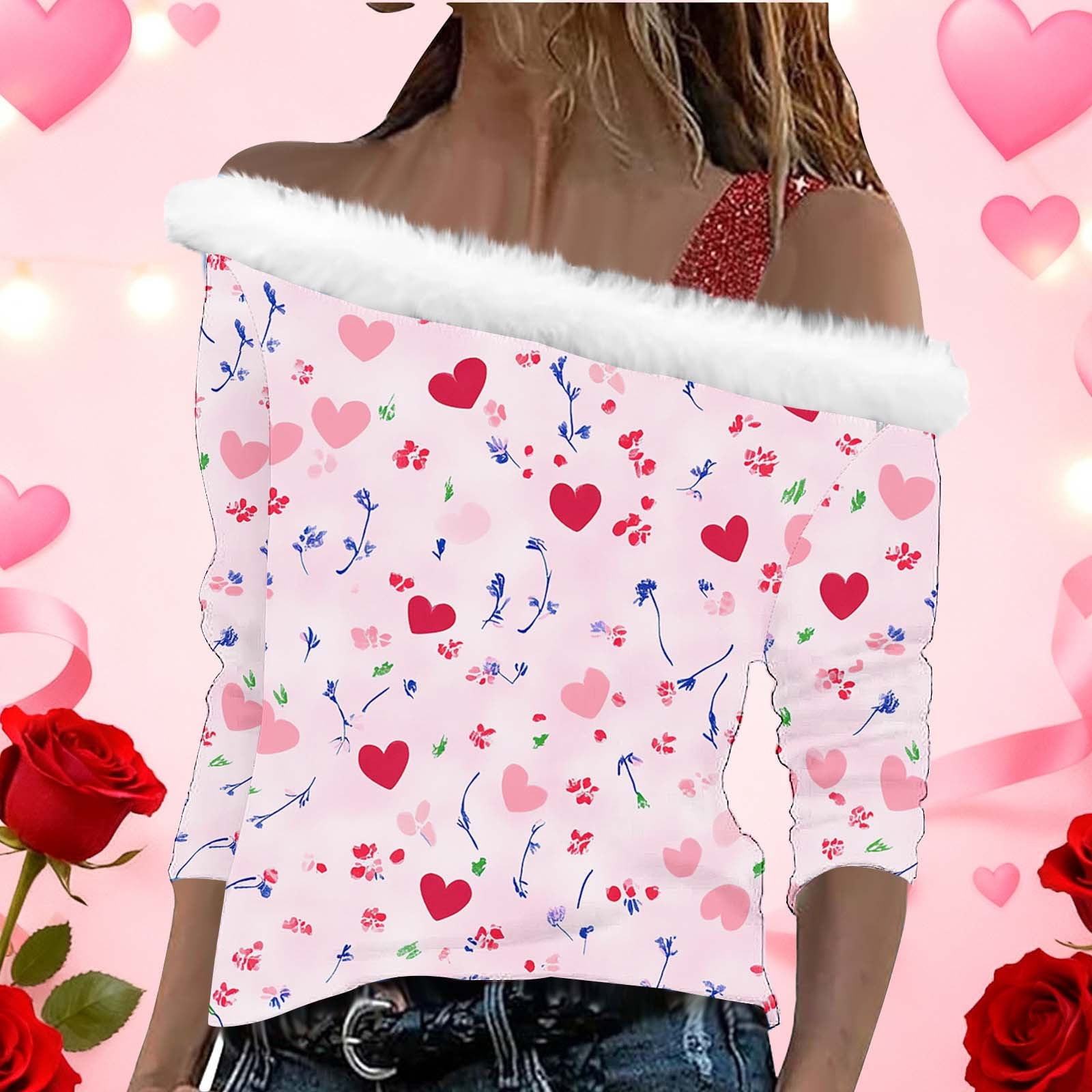 Craaazy Women's Valentine Day Long Sleeve Shirts Loose Off the Shoulder ...