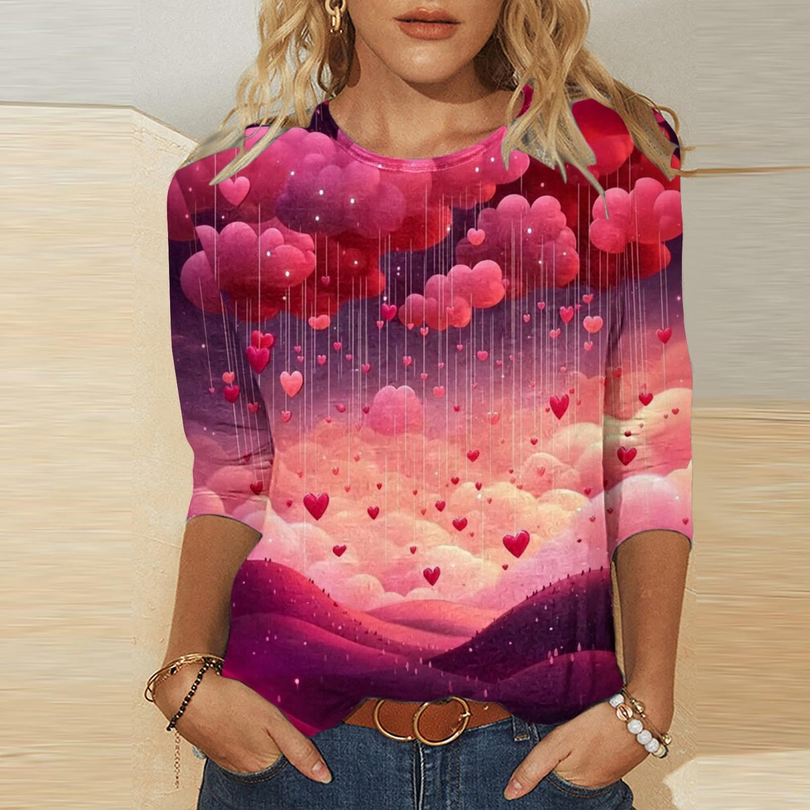 Craaazy Women's Valentines Clothes Round Neck 3/4 Sleeve Casual Love ...