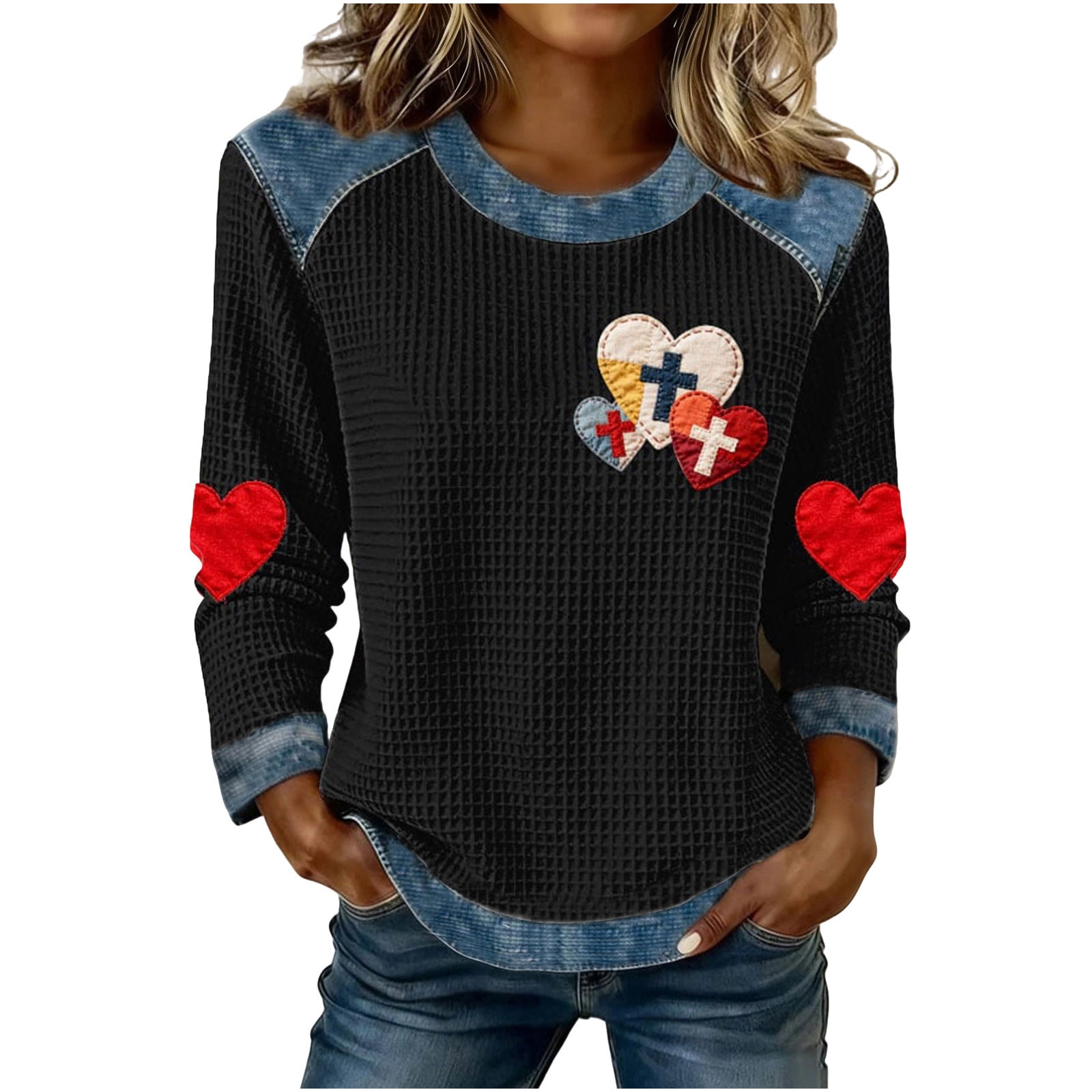 Craaazy Women's Valentines Day Heart Love Graphic Waffle Crewneck Long ...