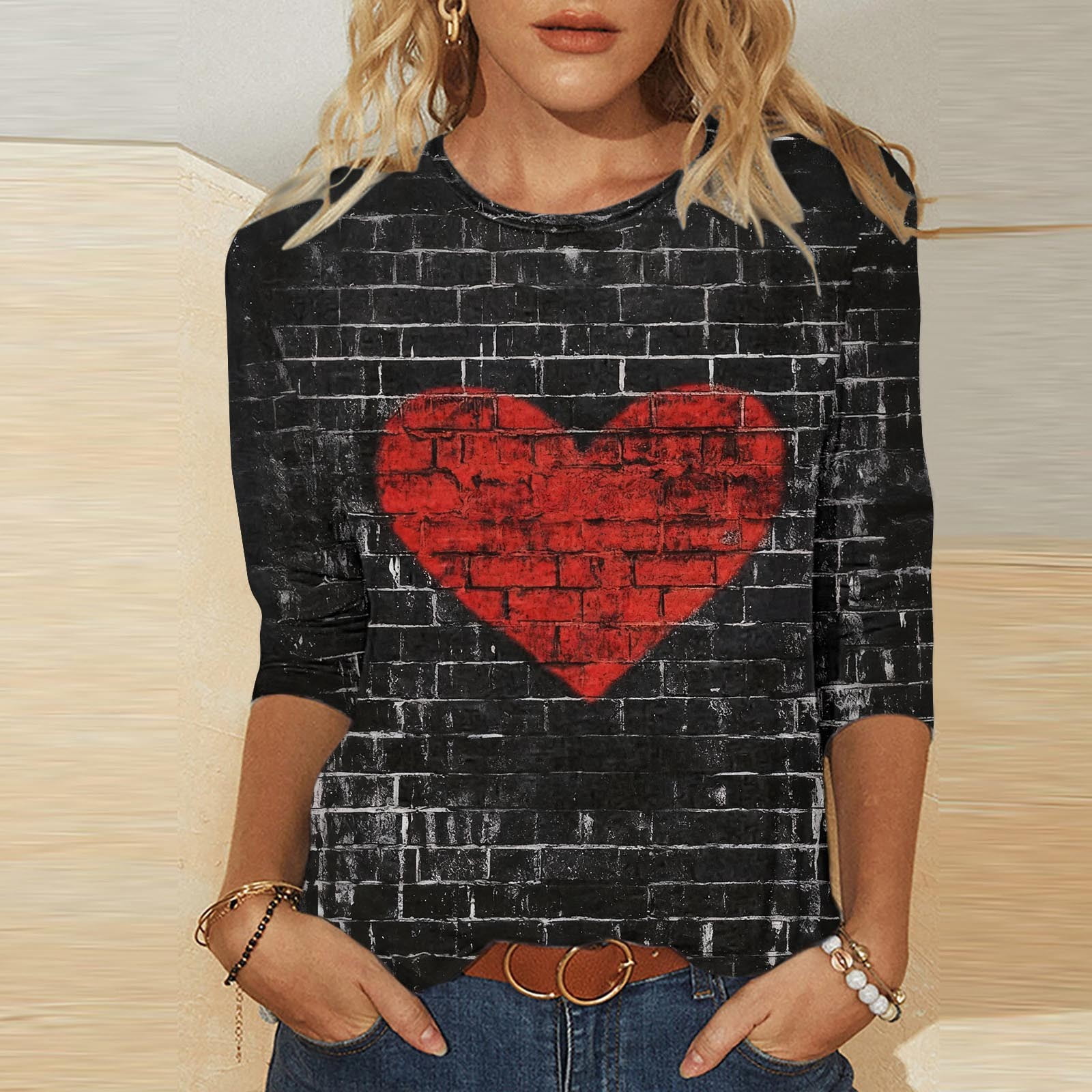 Craaazy Women's Valentines Shirts 3/4 Sleeve Round Neck Casual Love ...