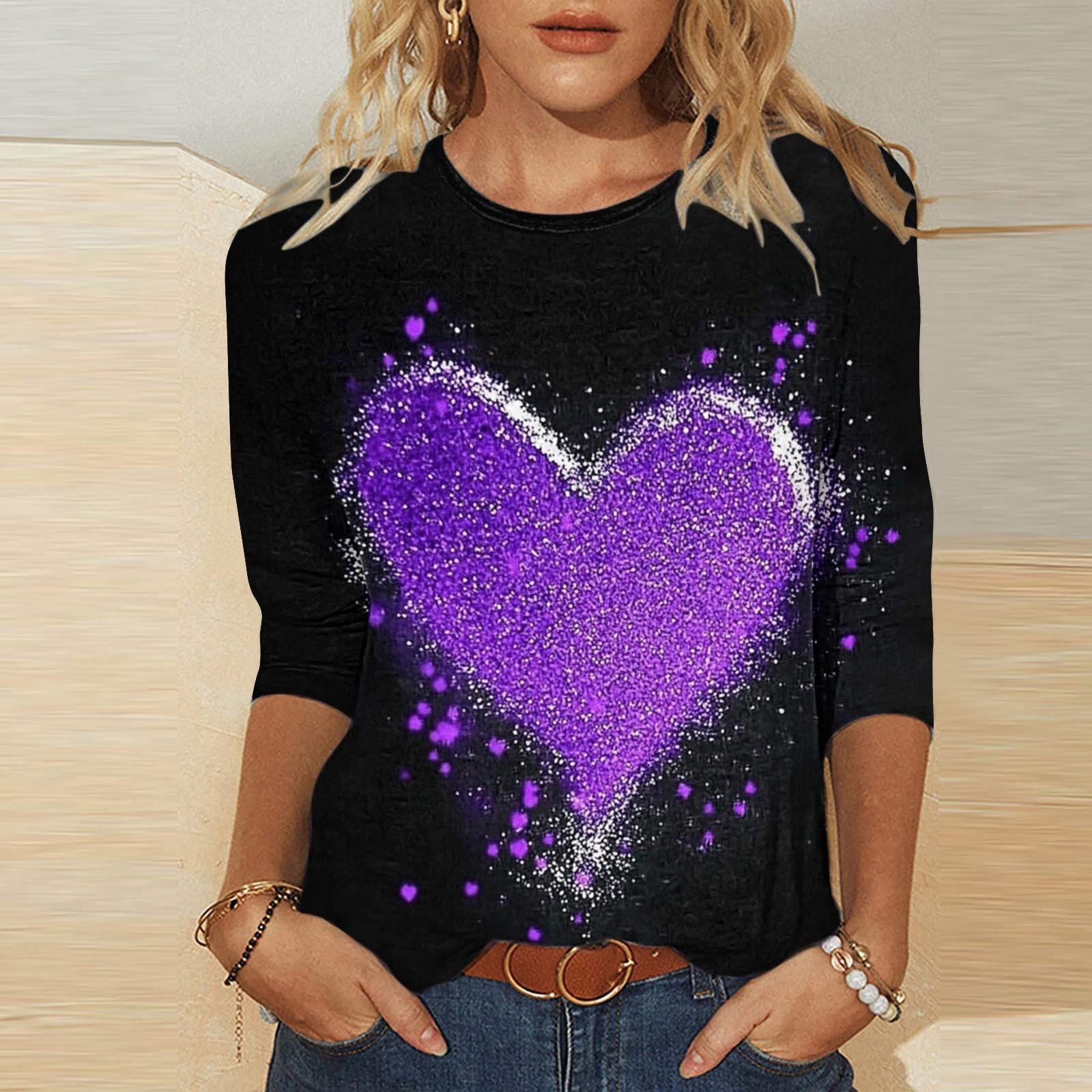 Craaazy Women's Valentines Shirts 3/4 Sleeve Round Neck Casual Love ...