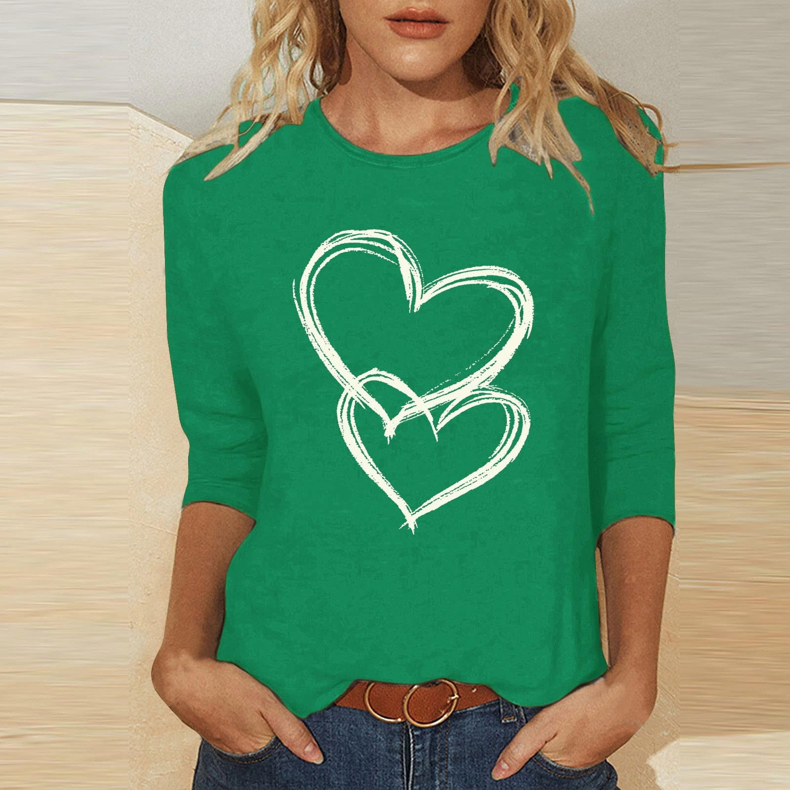 Craaazy Women's Valentines Shirts Crew Neck 3/4 Sleeve Love Heart Print ...