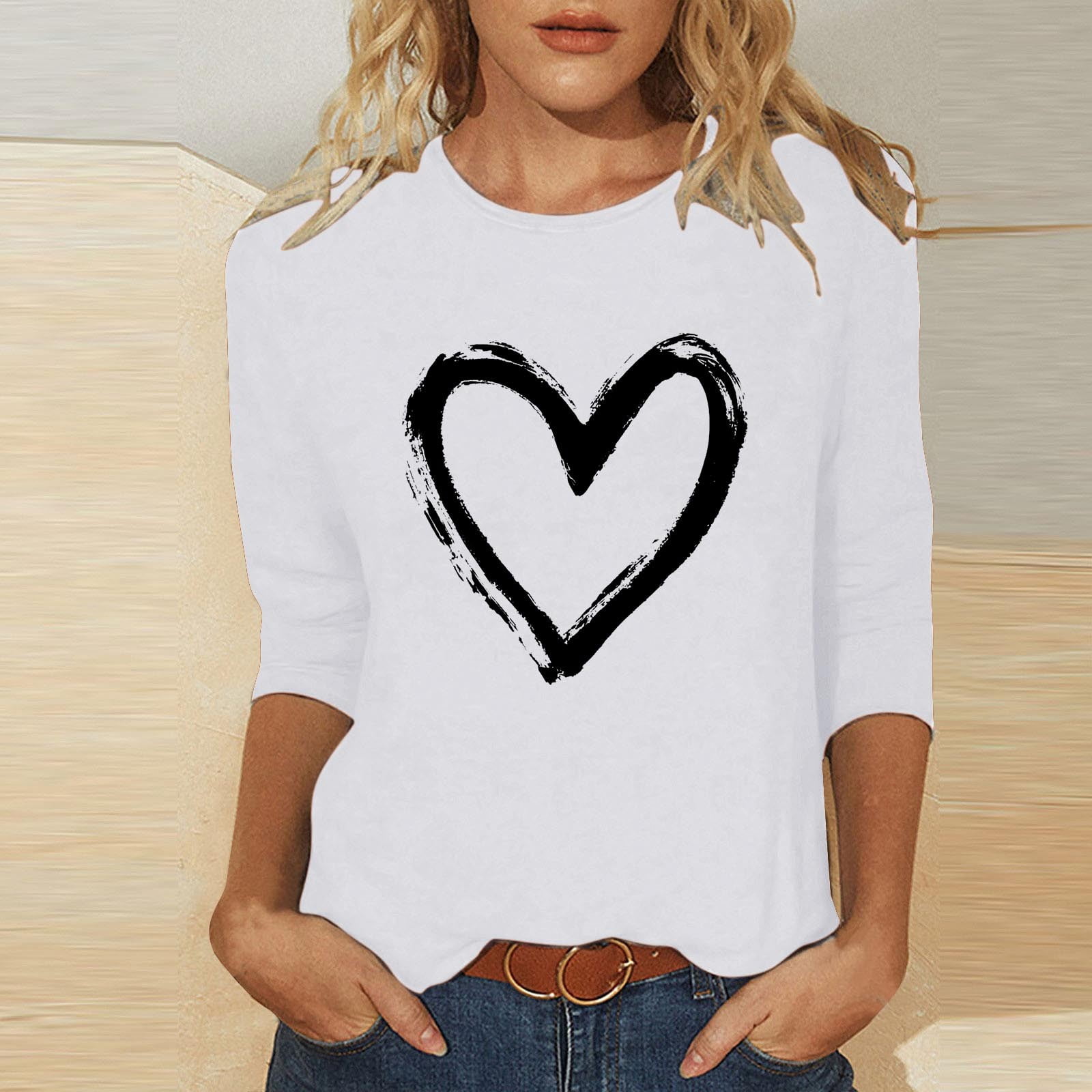 Craaazy Women's Valentines Shirts Crew Neck 3/4 Sleeve Love Heart Print ...