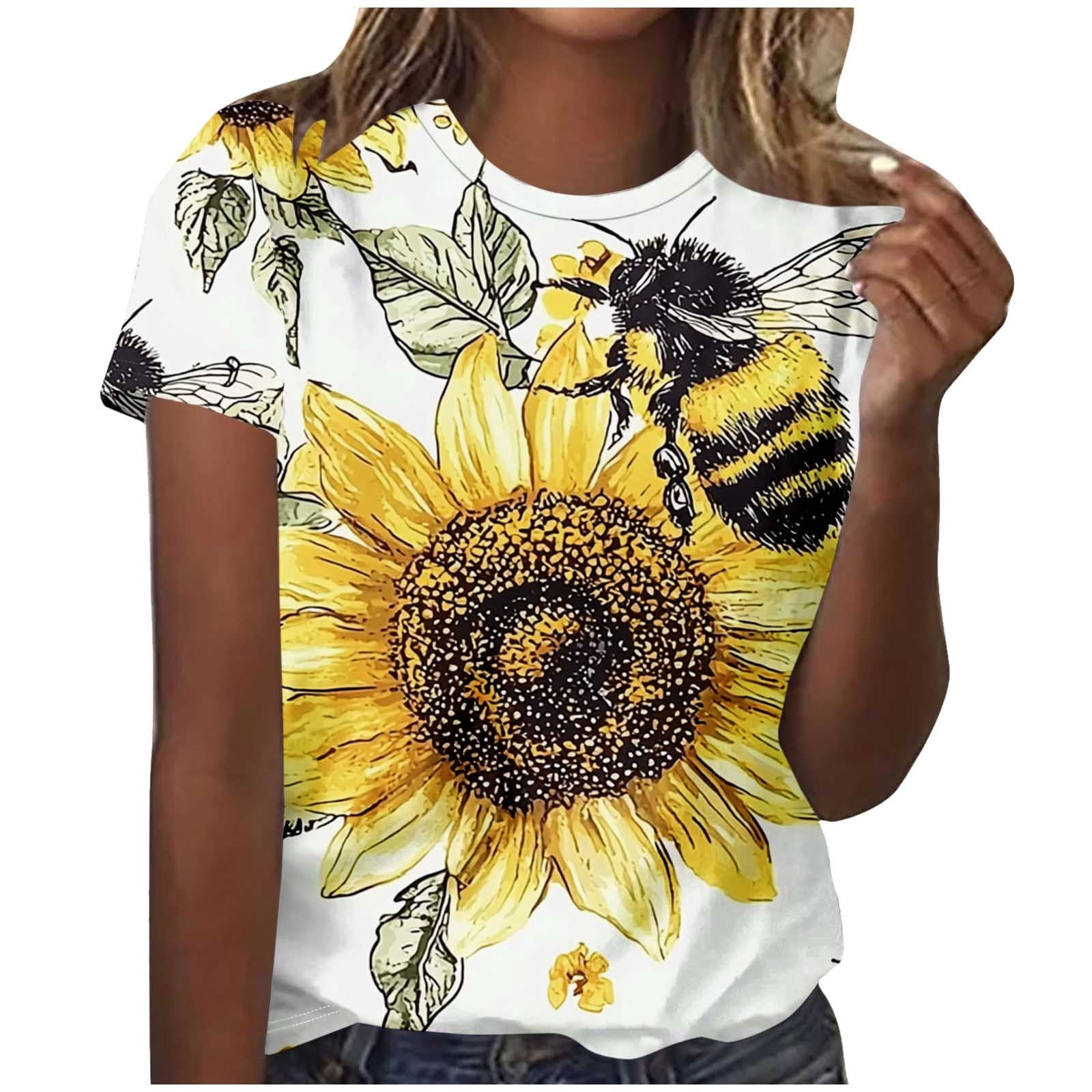 Craaazy Womens Fashion Sunflower & Bee Print Short Sleeve T-Shirt, Crew ...