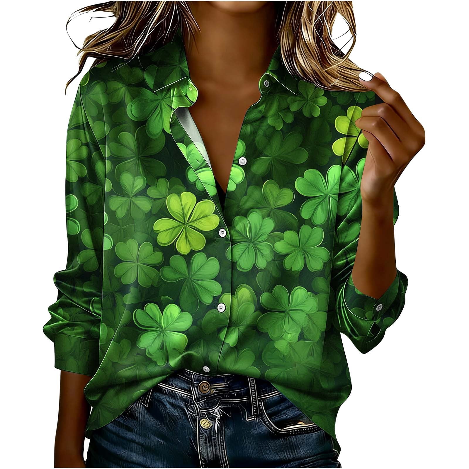 Craaazy Womens Lapel Button Front Shamrock Prints St Patricks Day Long ...
