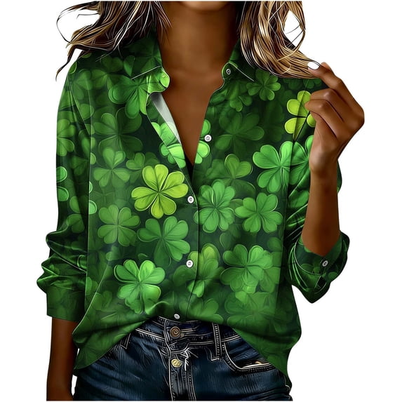 Craaazy Womens Lapel Button Front Shamrock Prints St Patricks Day Long ...