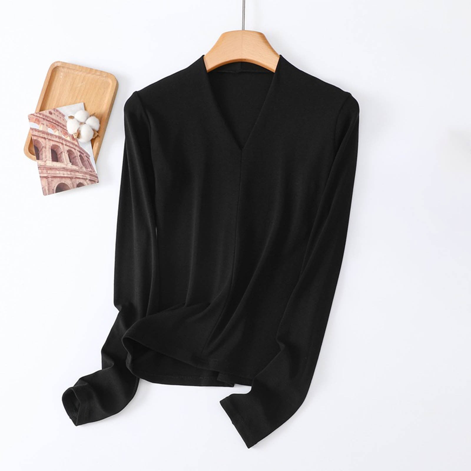 Craaazy Womens Shirts Solid Color Long Sleeve Stand-up Collar Blouses V ...