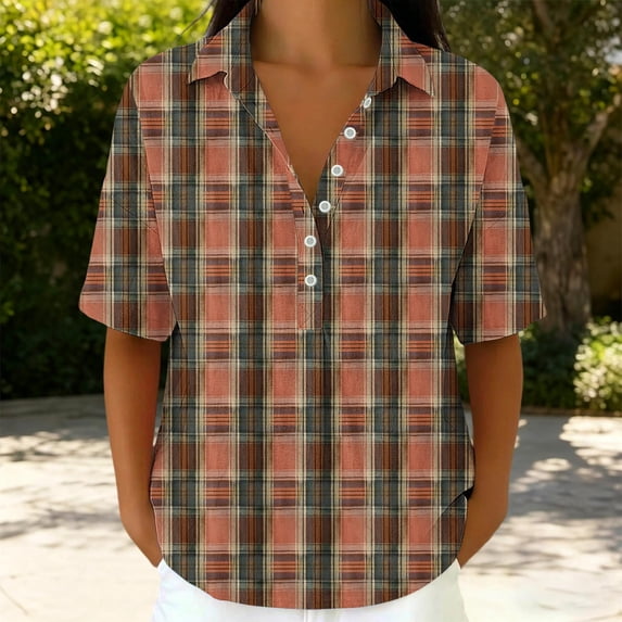 Craaazy Womens Short Sleeve Print Blouses, Collared V Neck Button Front ...