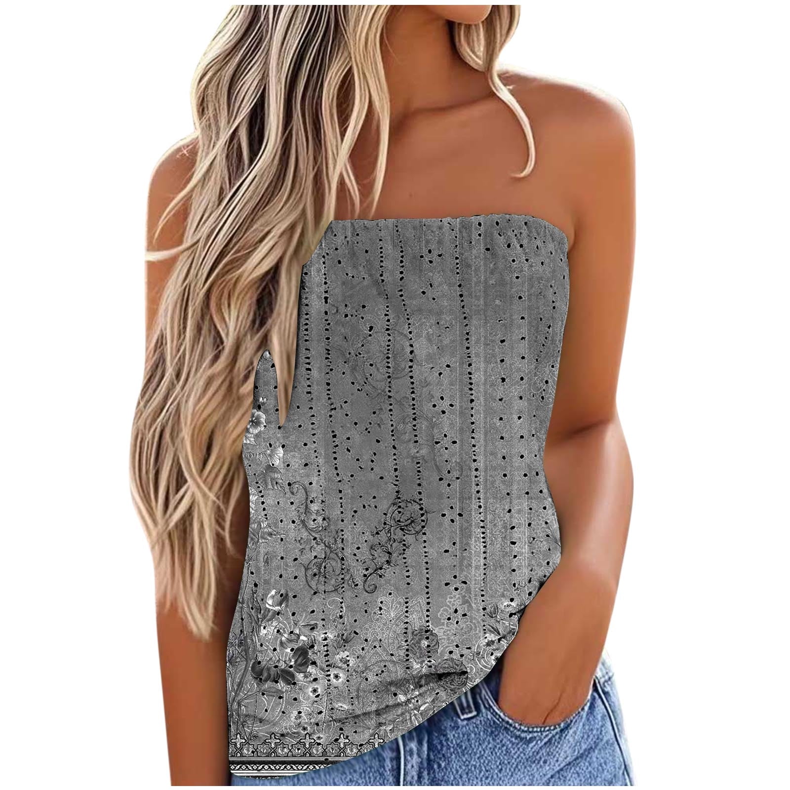 Craaazy Womens Summer Tube Tops Casual Strapless Eyelet Bandeau Tanks ...