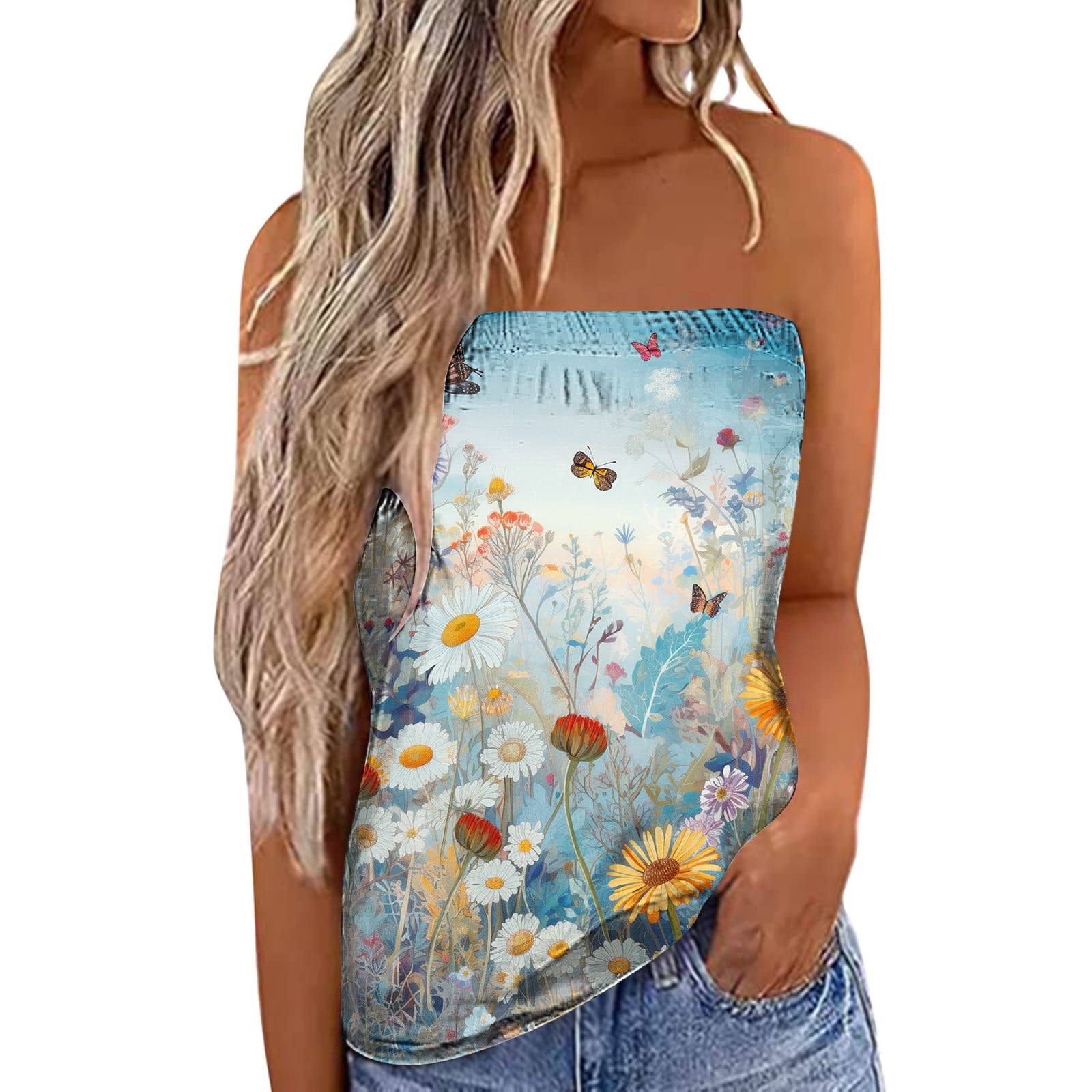 Craaazy Womens Summer Tube Tops Casual Strapless Eyelet Bandeau Tanks ...