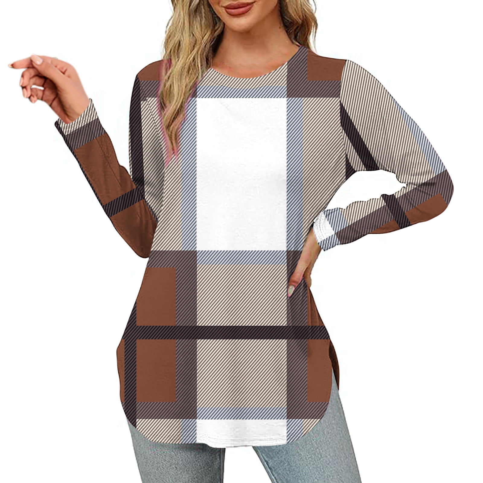 Craaazy Womens Tops Long Sleeve Crew Neck Blouses Pleated Casual Shirts ...