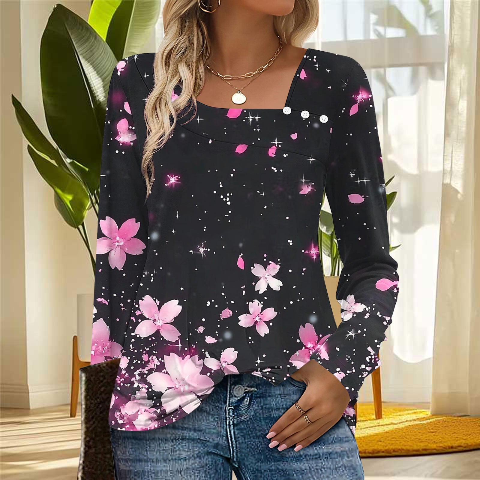 Craaazy Womens Tops Long Sleeve Shirts Square Neck Printed Tops Button ...