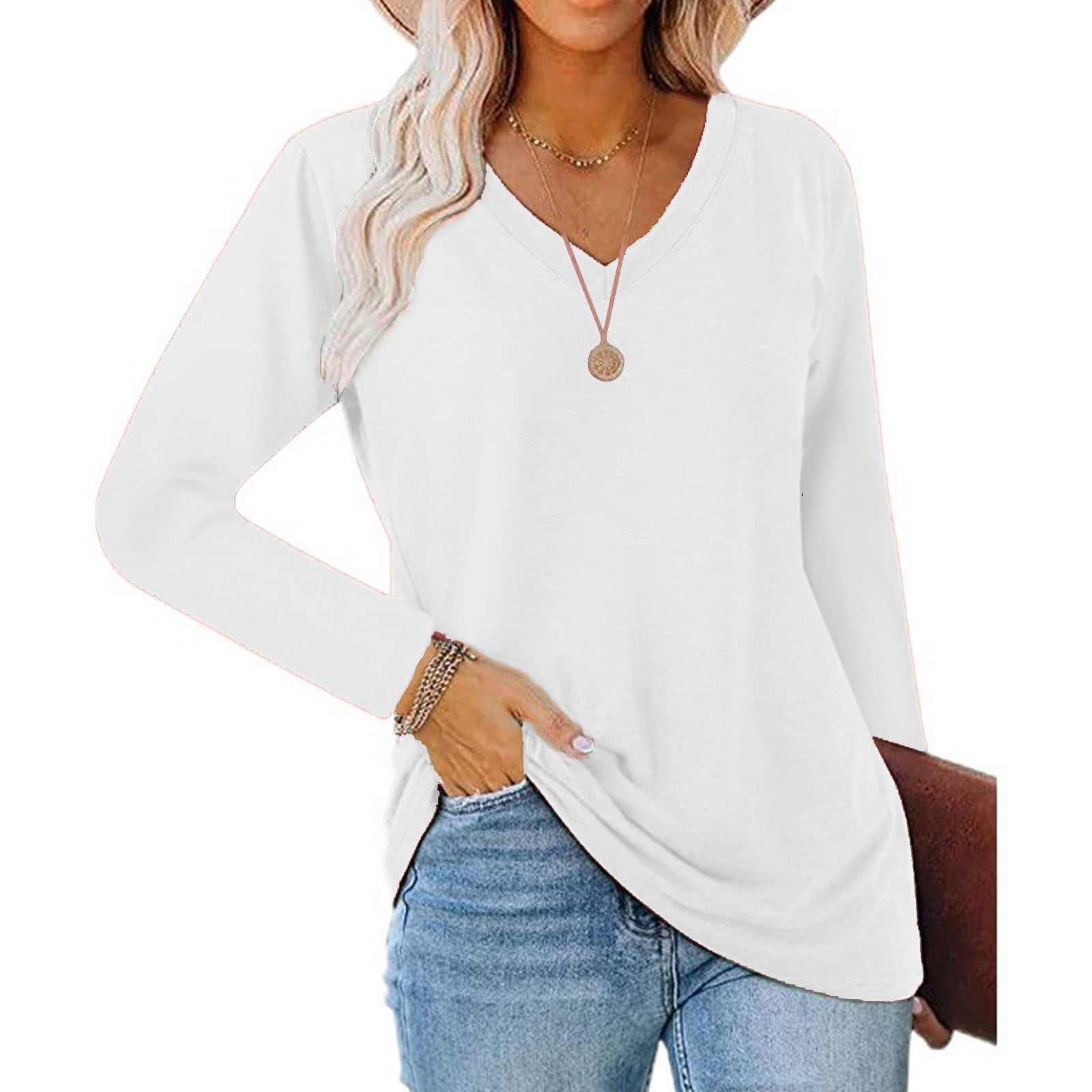 Craaazy Womens V Neck Long Sleeve Shirts Casual Curved Hem Tunic Gifts ...