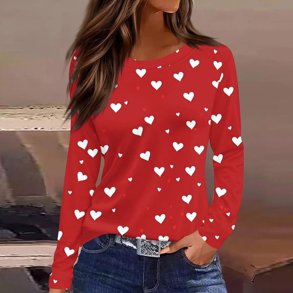 Craaazy Womens Valentines Shirts with Hearts Prints Casual Round Neck ...