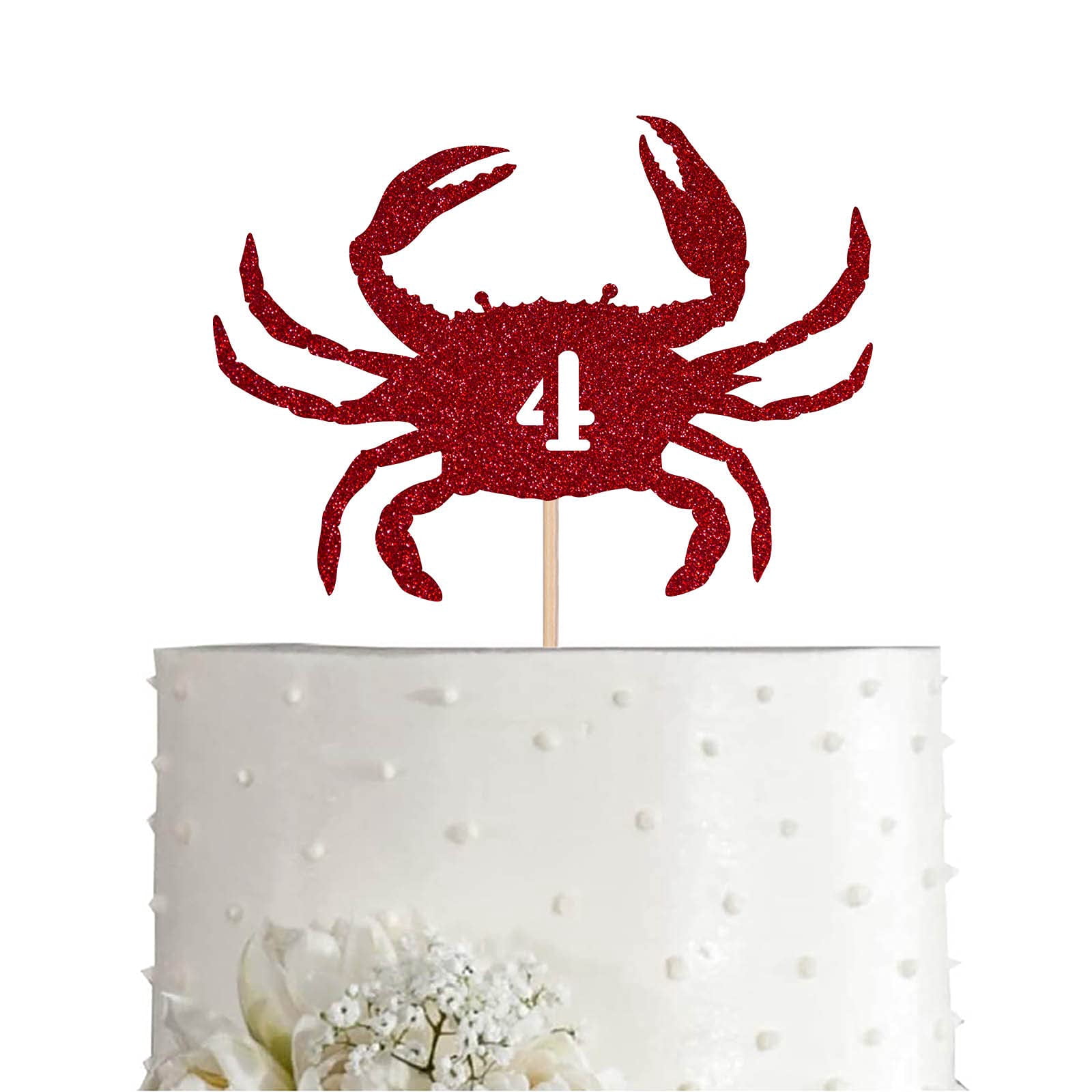Crab 4th Birthday Cake Topper, Red Glitter H2FSDHappy 4 Years Birthday ...