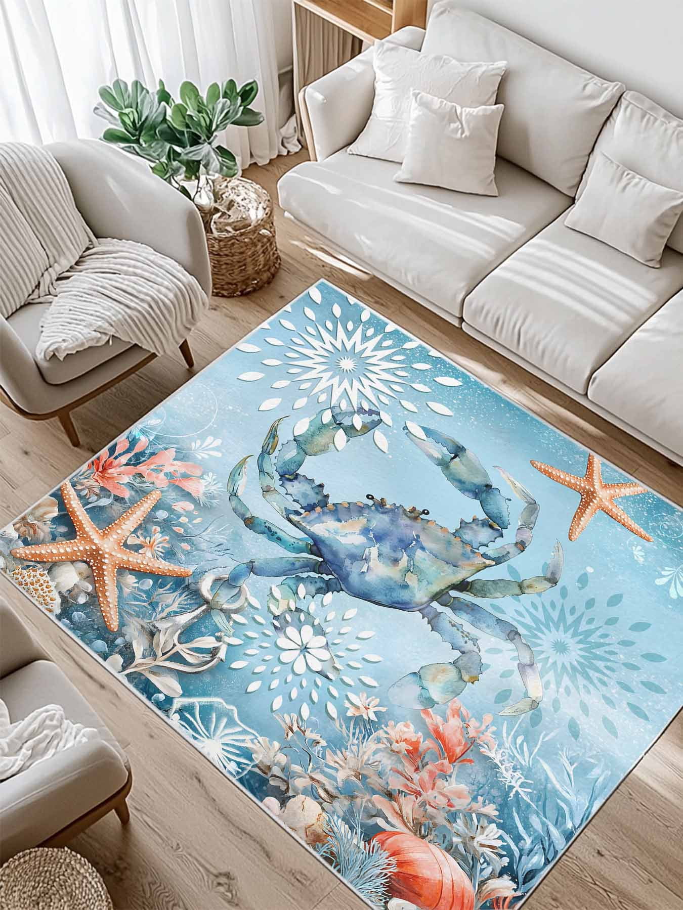 Crab Area Rug for Bedroom 4x6 Ft Coral Starfish Ocean Coastal Super ...