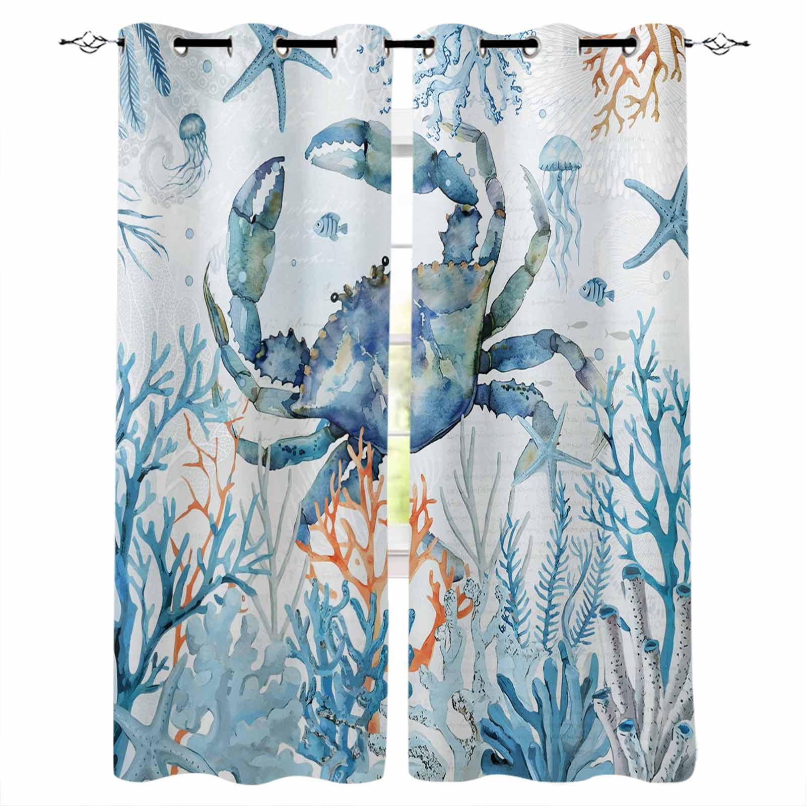Crab Blackout Curtains 39 Inches Long, Blue Coastal Starfish Ocean ...