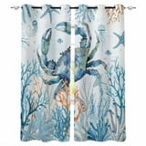 Crab Blackout Curtains 39 Inches Long, Blue Coastal Starfish Ocean ...
