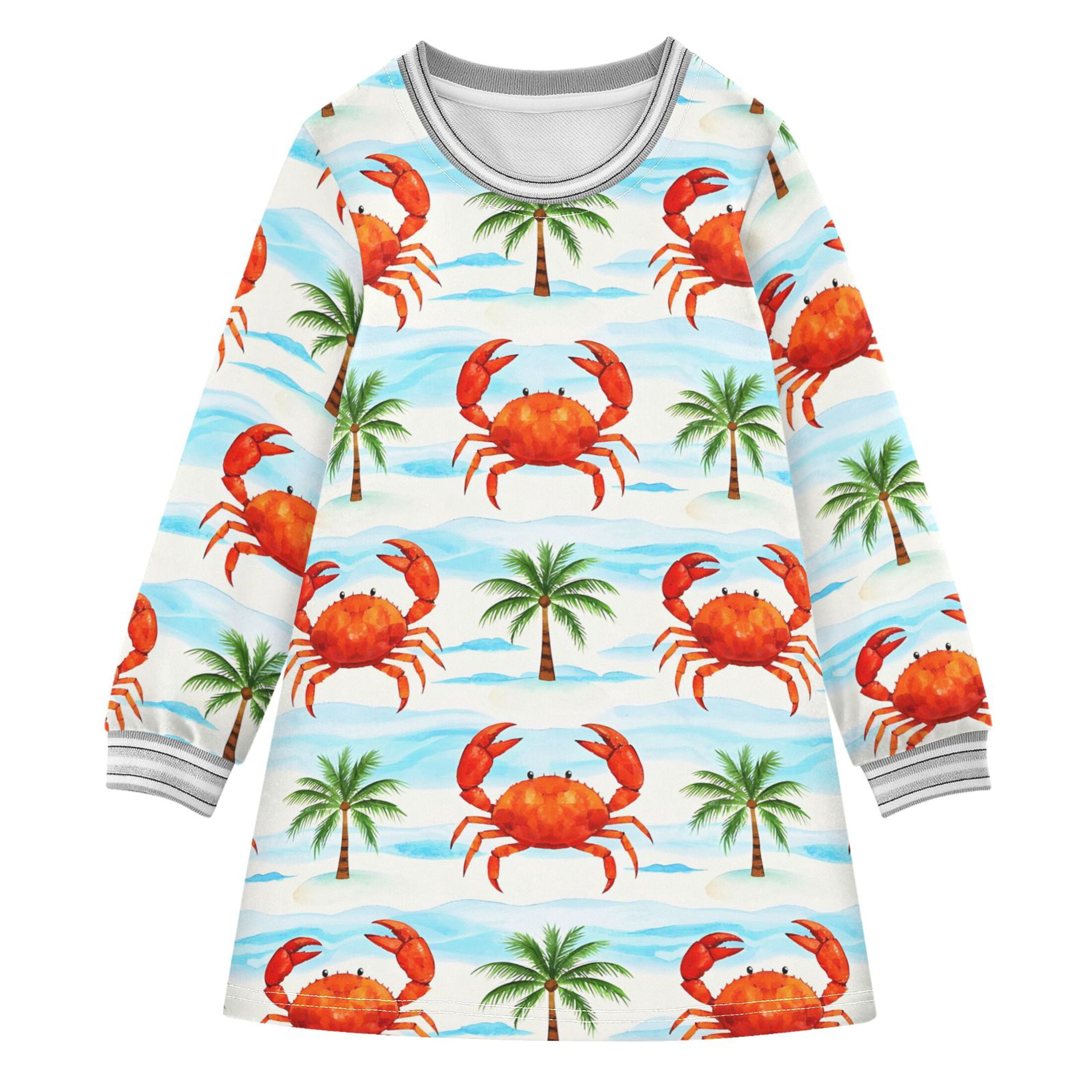 Crab Coconut Tree Pattern Girls'long-sleeved dress Thickened A-dress ...