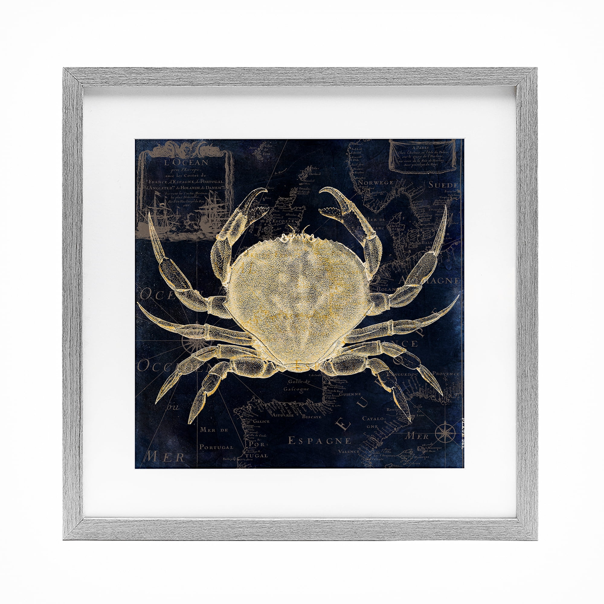 Crab Contour over Map Gray Framed Print Under Glass, design by Sasha ...