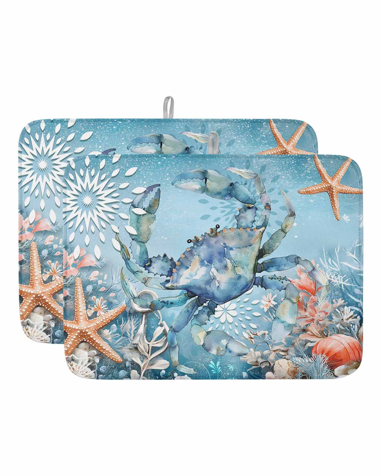 Crab Dish Drying Mat 18x24 inch Coral Starfish Ocean Coastal Super ...